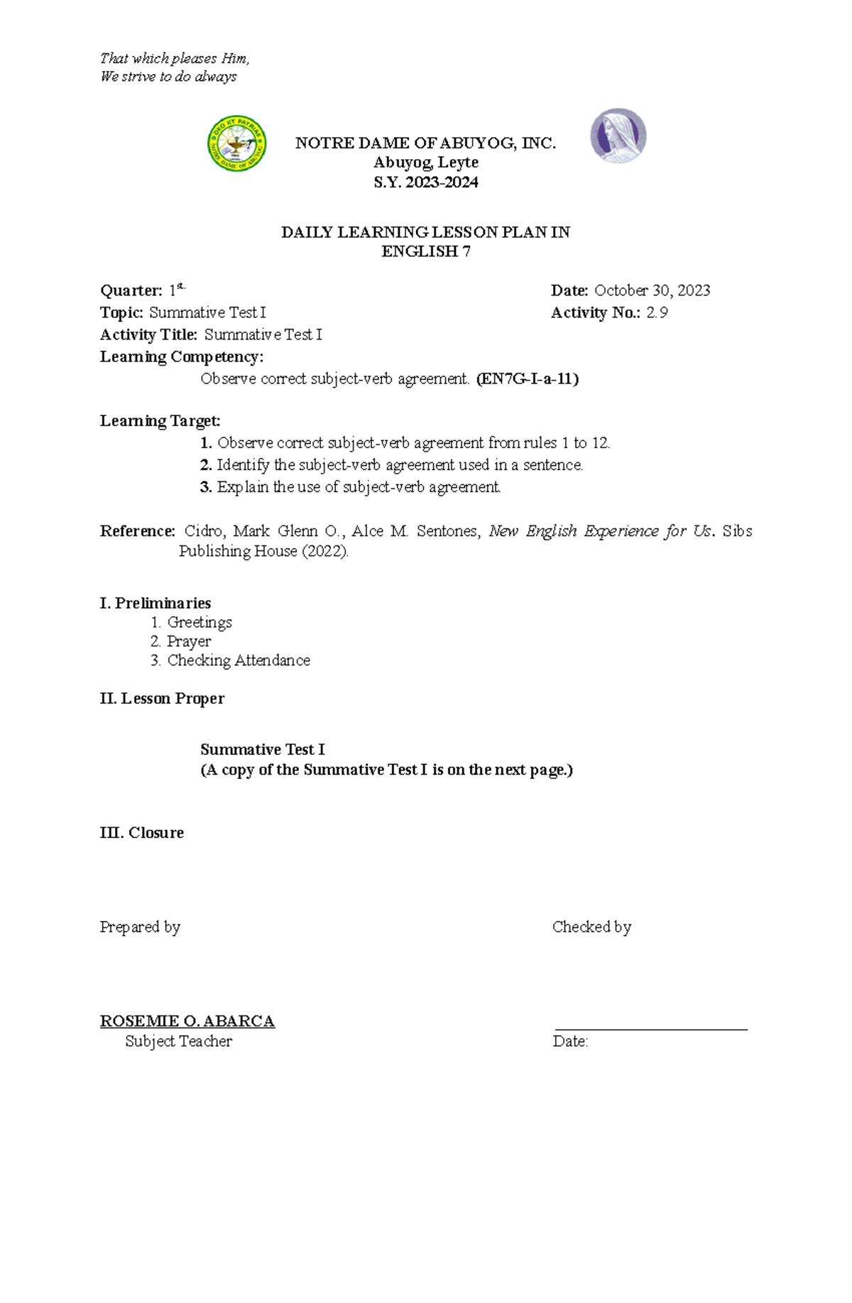 LP. 2Q Summative Test I - That which pleases Him, We strive to do ...