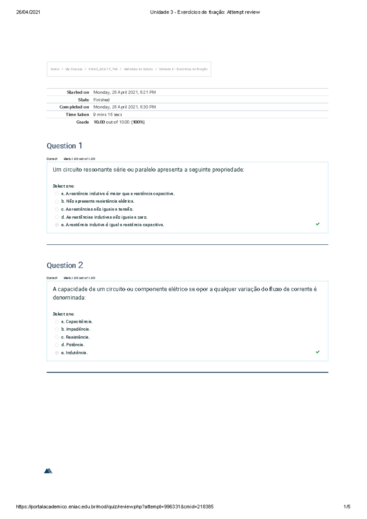Unidade 3 - Exercícios de fixação Attempt review - Home /My Courses ...