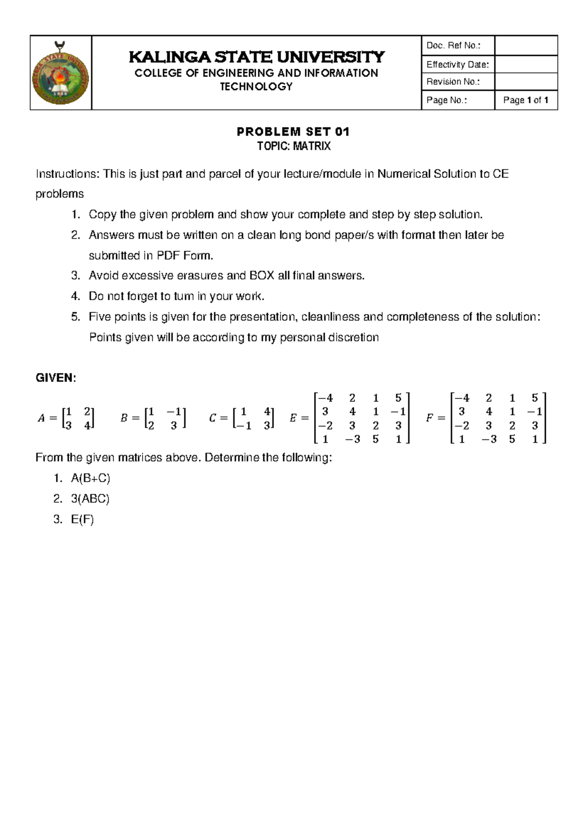 21-1 MATH114 Activity 01 Matrix - KALINGA STATE UNIVERSITY COLLEGE OF ...