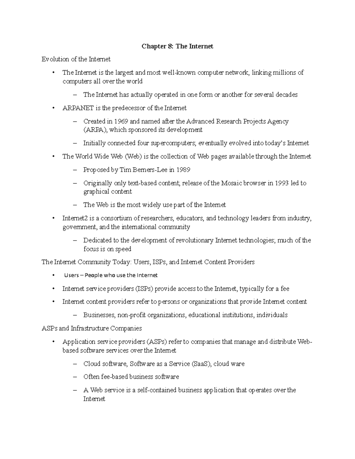 Chapter 8 notes - Chapter 8: The Internet Evolution of the Internet ...