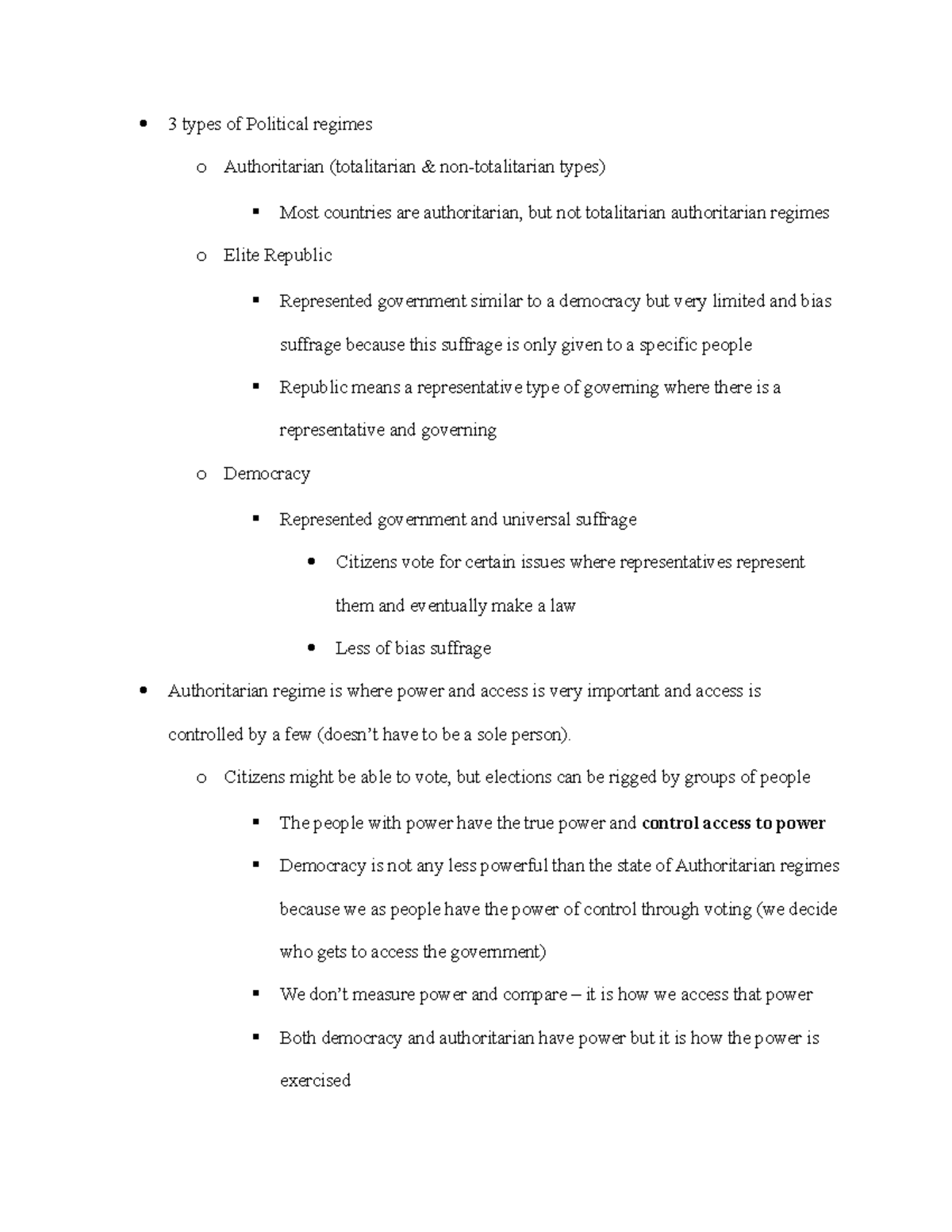 Political Regimes - 3 types of Political regimes o Authoritarian ...