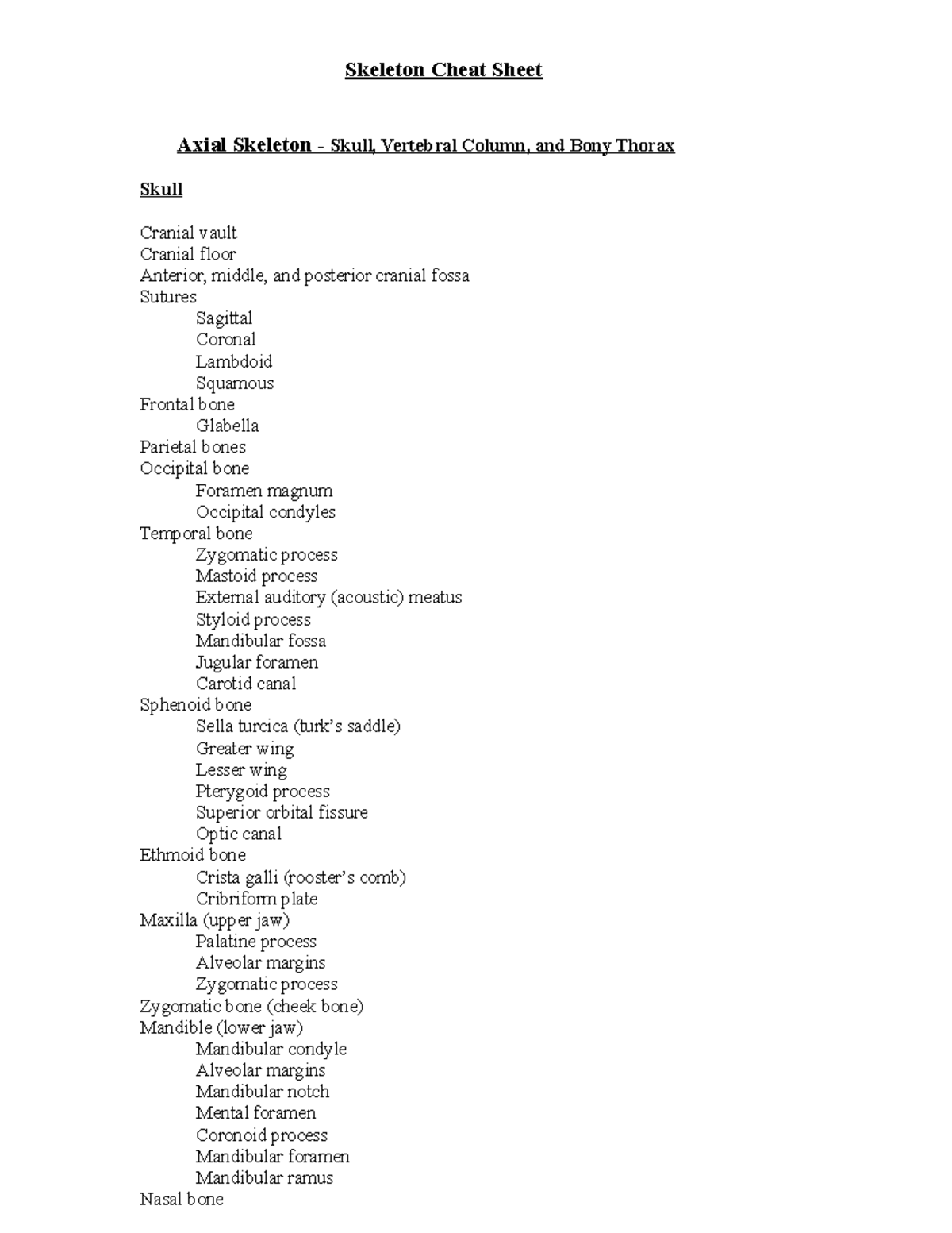 Skeleton Cheat Sheet - Chapter 1 -10 - Skeleton Cheat Sheet Axial ...