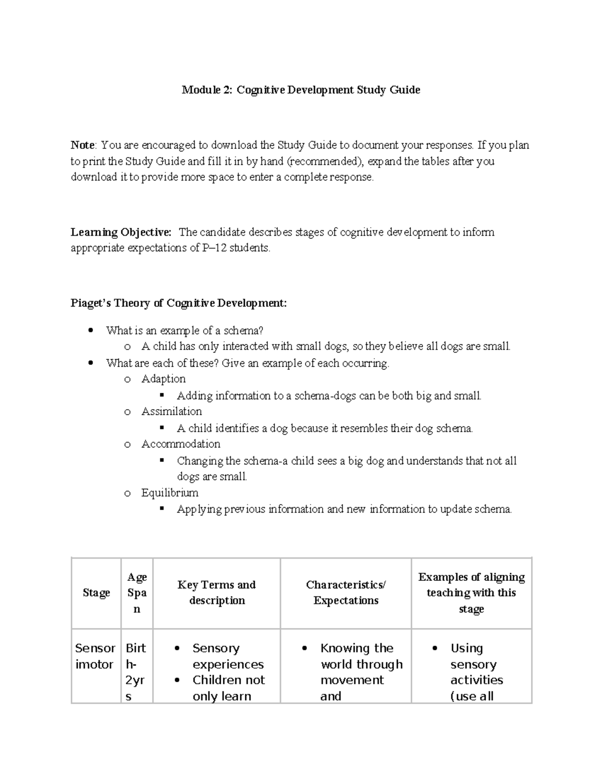 Module 2 study guide - Module 2: Cognitive Development Study Guide Note ...