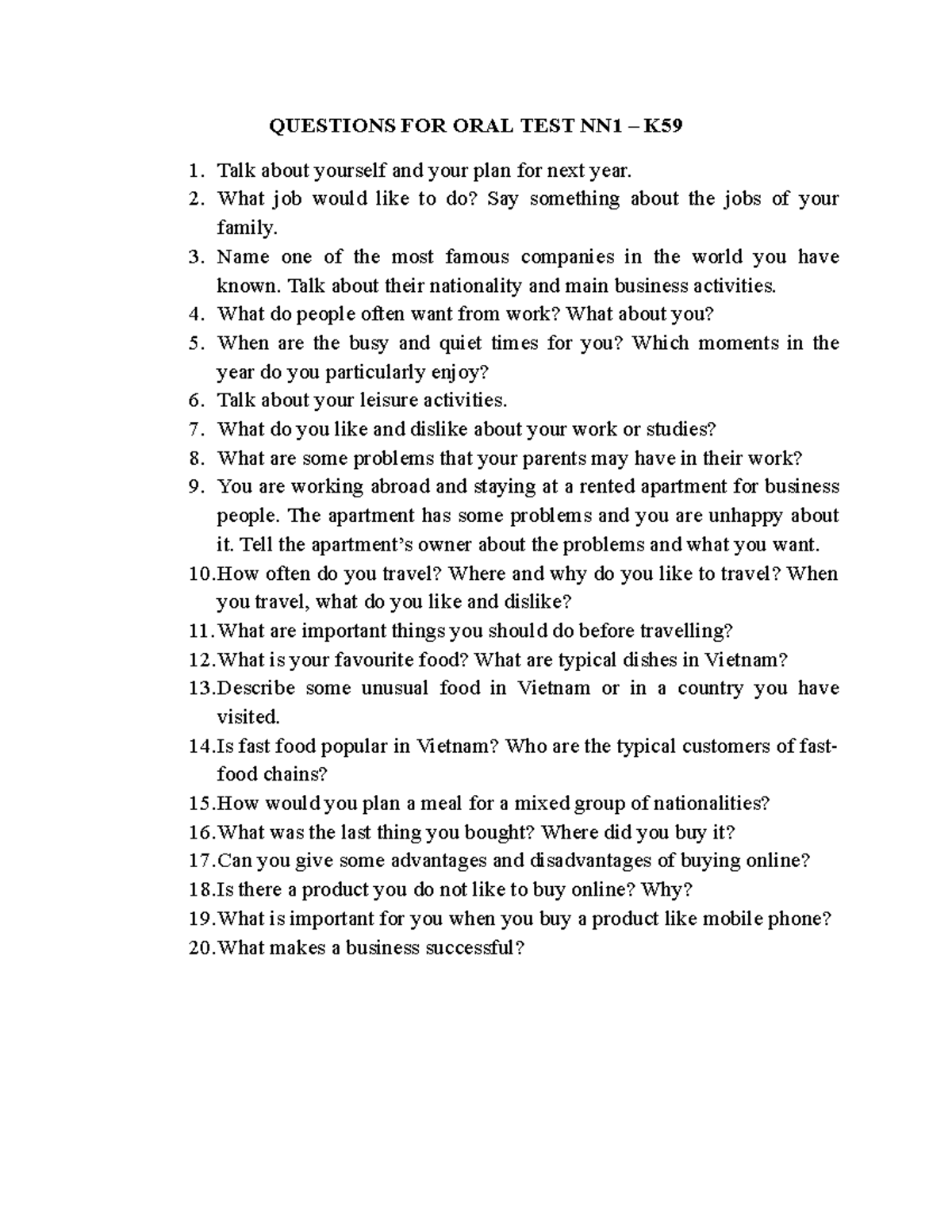 Questions FOR ORAL TEST NN1 Final - QUESTIONS FOR ORAL TEST NN1 – K ...