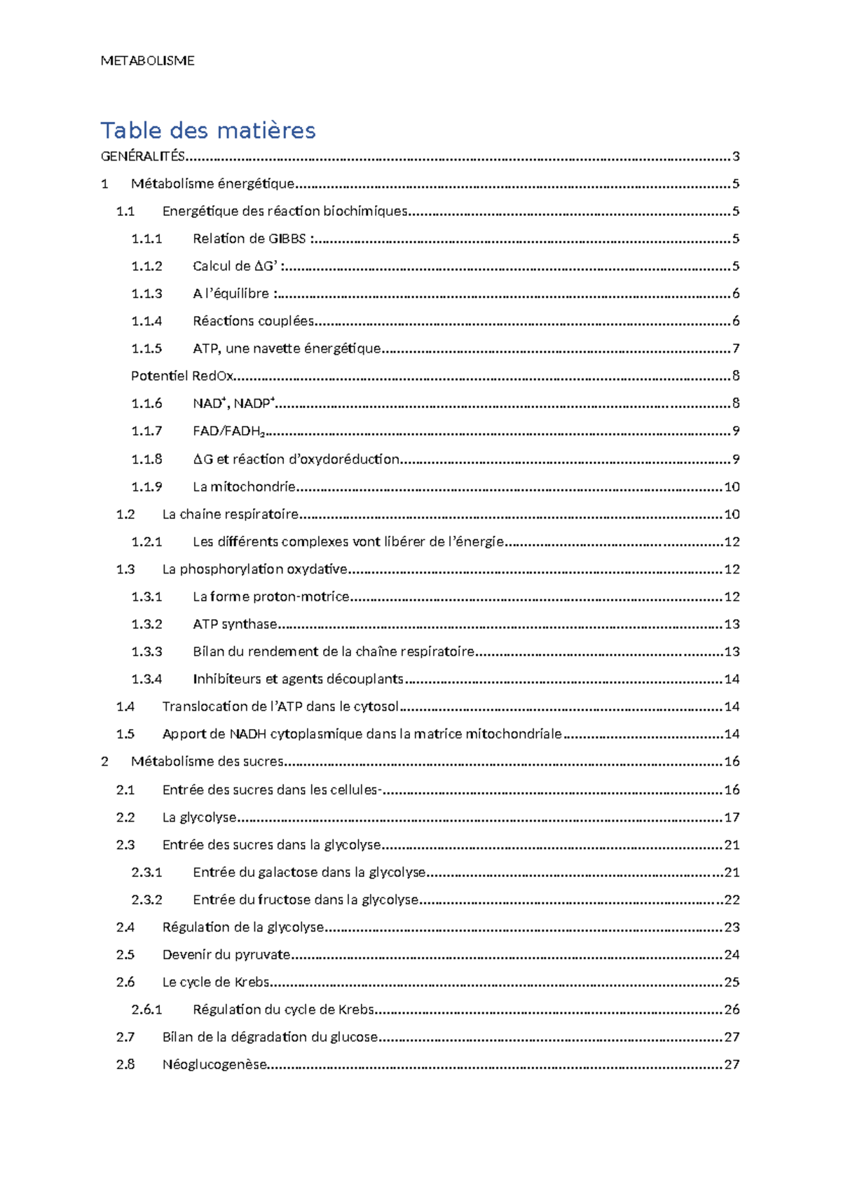 Métabolisme - Table des matières - Studocu