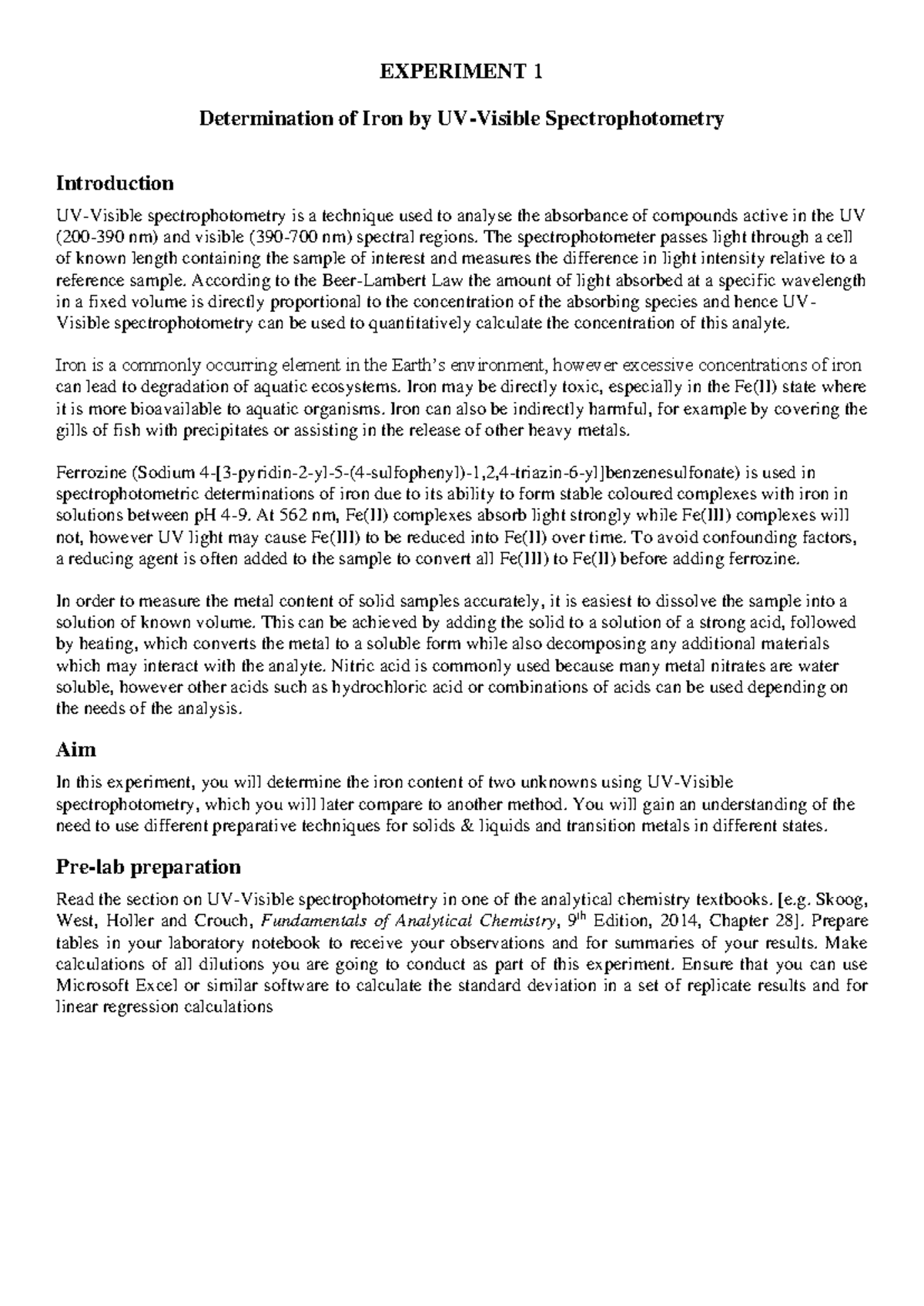 Laboratory Manual (CHEM2001 1 CHEM90007) 2024 Experiment 1 - EXPERIMENT 1 Determination of Iron ...