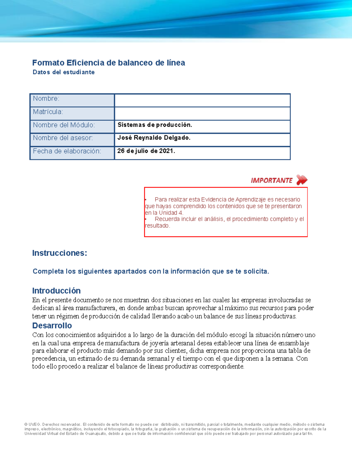 Balanceo de una línea de producción. - Formato Eficiencia de balanceo ...