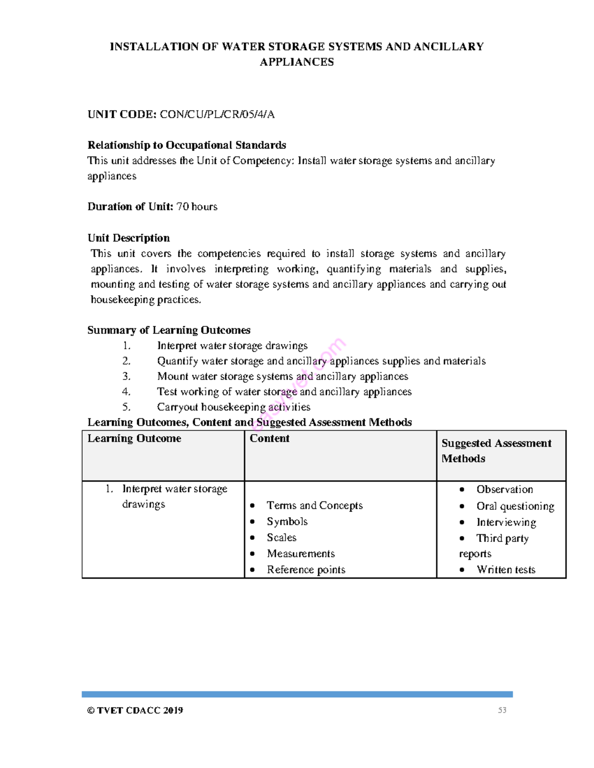 Install water storage - Notes and questions - © TVET CDACC 2019 53 ...