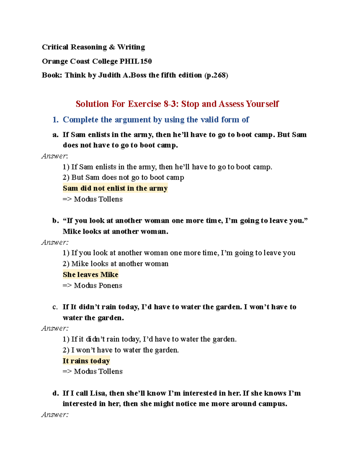 Solution For Exercise 8-3 Stop and Assess Yourself - Complete the ...