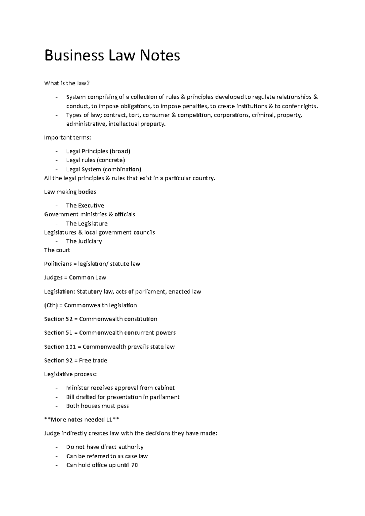 Business Law Notes - 1-6 - Business Law Notes What is the law? System ...