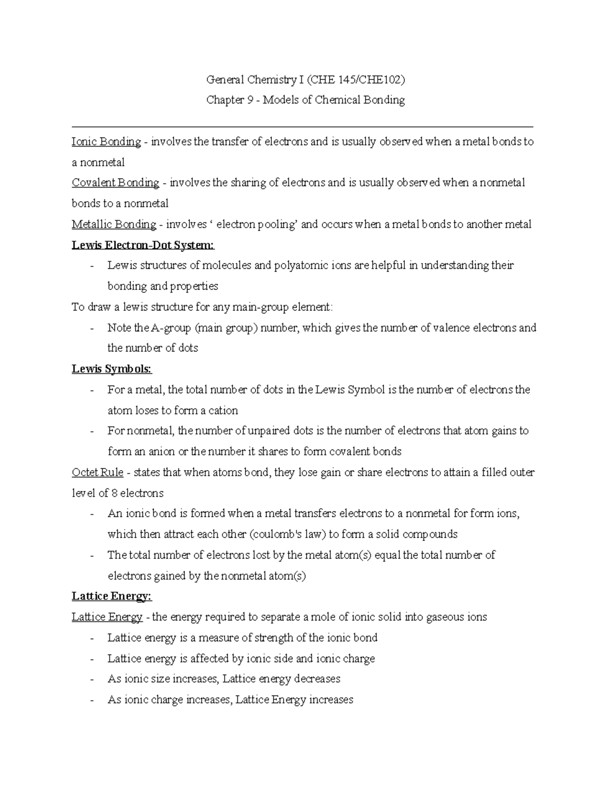 General Chemistry I - Chapter 9 - General Chemistry I (CHE 145/CHE102 ...