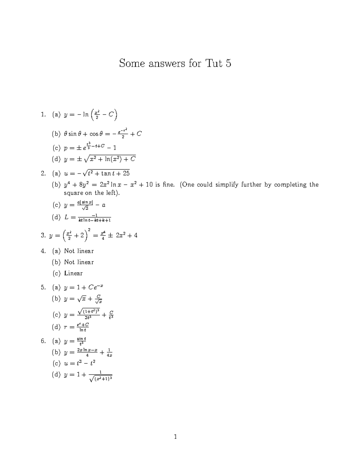 Maths 144 Tutorial 5 Some answers - Some answers for Tut 5 1. (a) y = − ...