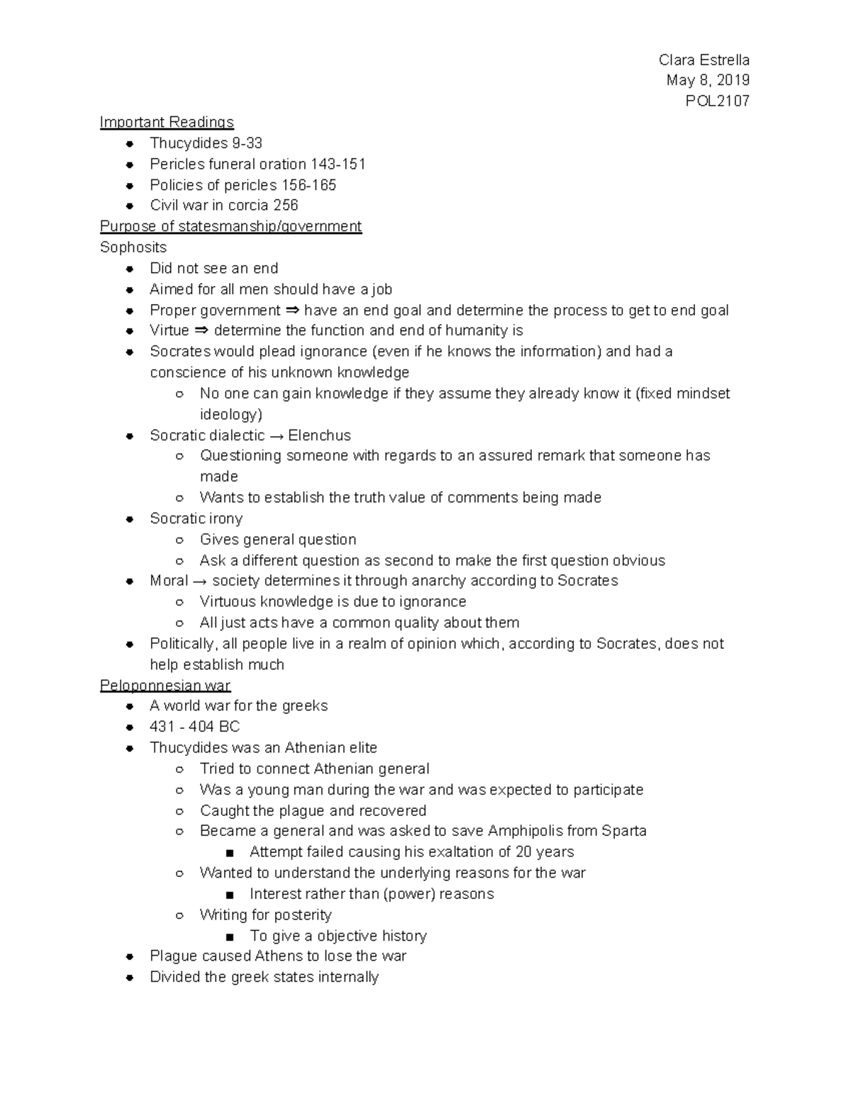 May 8, 2019 (POL2107) Lecture Notes - Clara Estrella May 8, 2019 ...