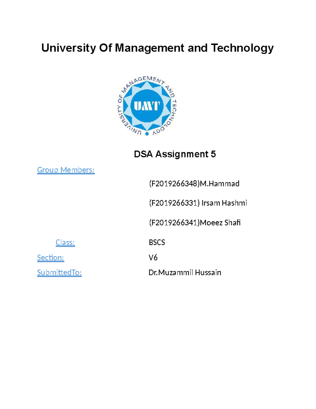 DSA Assignment for work - University Of Management and Technology Group ...