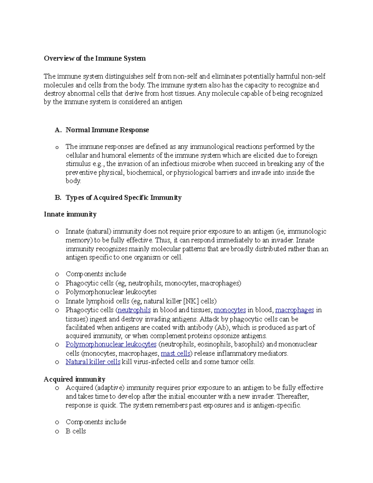 Overview of Immunity Response - Overview of the Immune System The ...