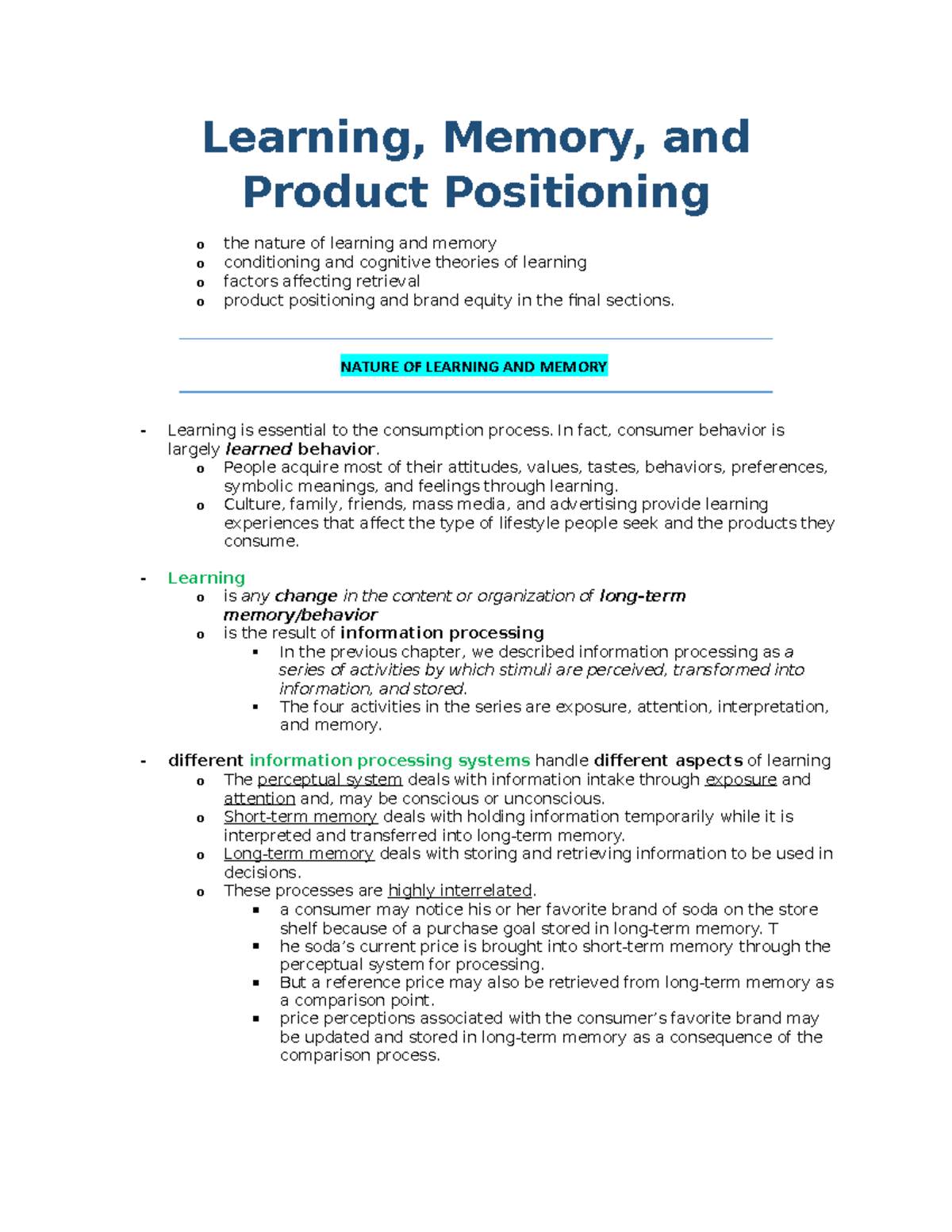 Chap 9 Learning, Memory, and Product Positioning (Autosaved) - Learning, Memory, and Product ...