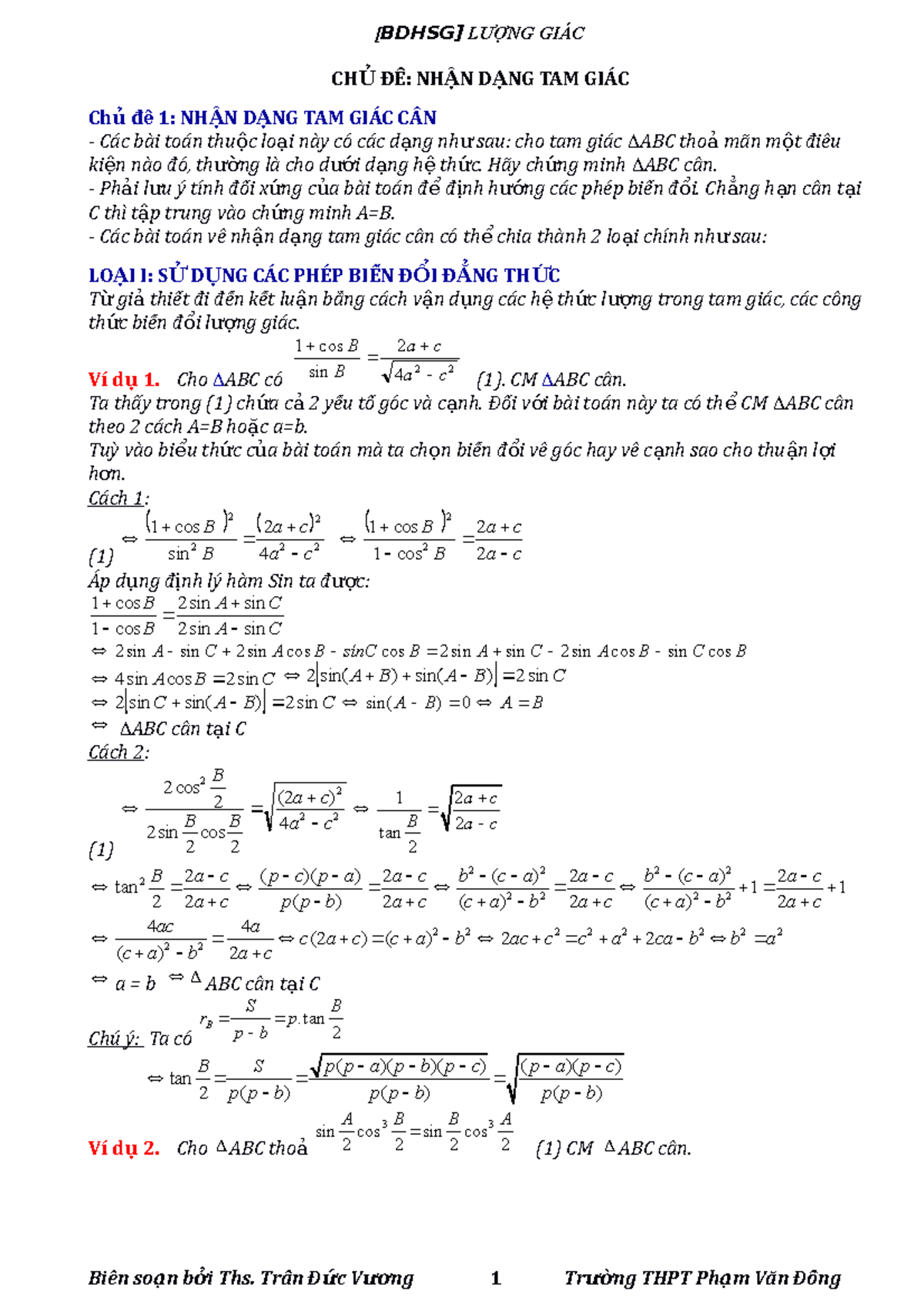 [ Bdhsg] Nhận dạng tam giác hs - CH ĐỀỀ: NH N D NG TAM GIÁCỦẬẠ Ch đềề 1: NH N D NG TAM GIÁC ...