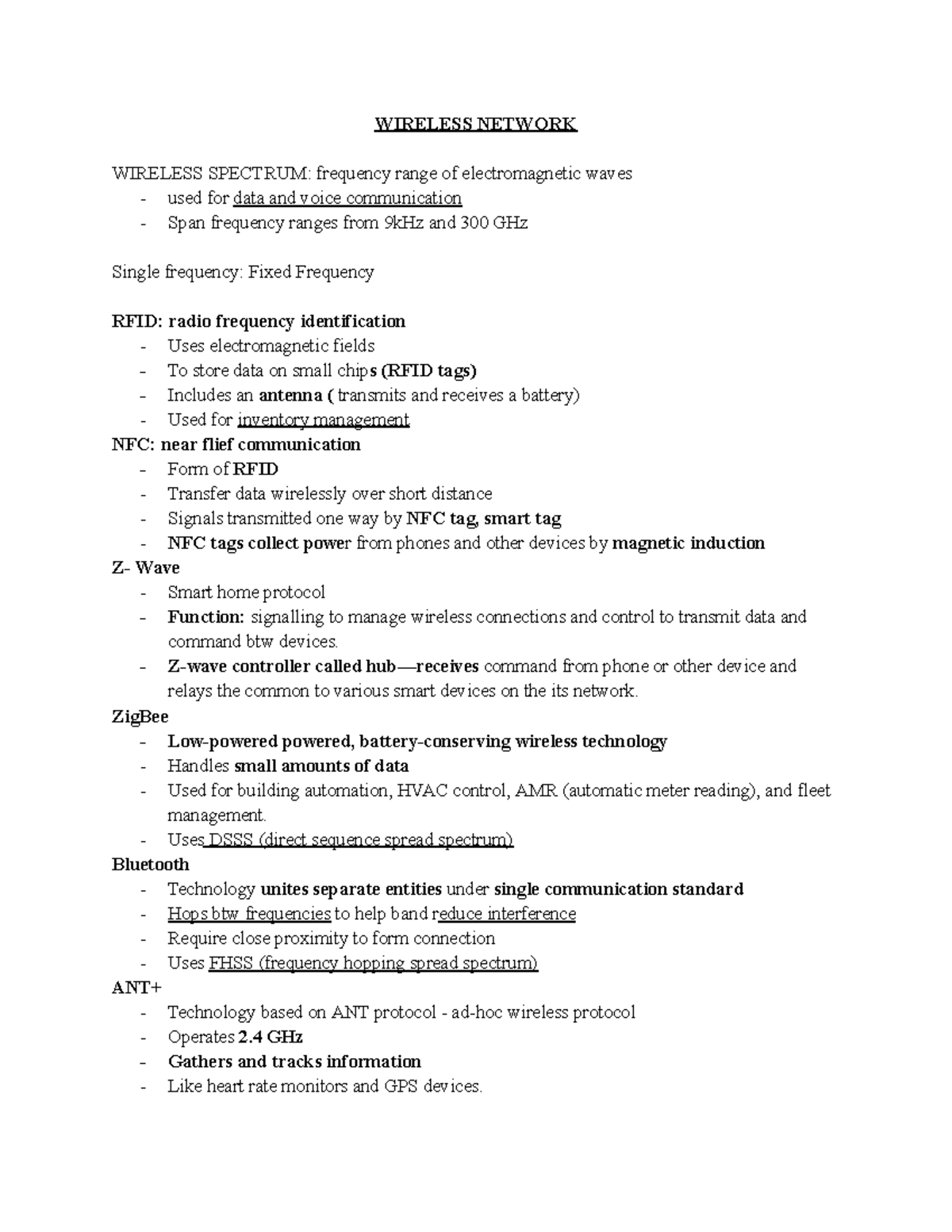 ITM301 Lecture 5 - Notes - WIRELESS NETWORK WIRELESS SPECTRUM ...