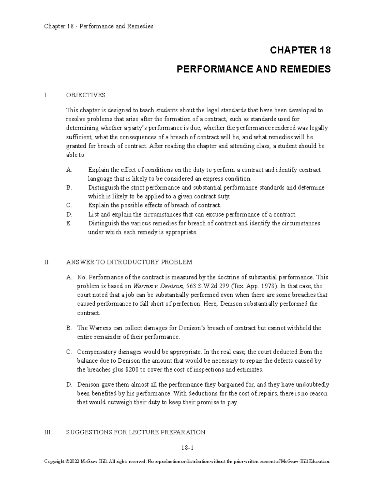 Prenkert 18e IM Ch18 - 18 chapter - CHAPTER 18 PERFORMANCE AND REMEDIES I. OBJECTIVES This ...