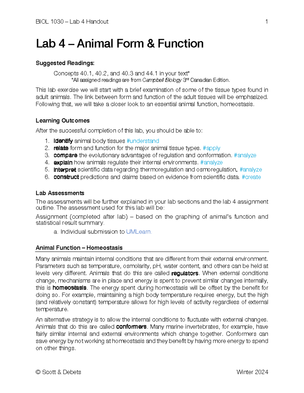 BIOL 1030 Lab 4 Handout - labb - 1 Lab 4 – Animal Form & Function Suggested Readings: Concepts ...