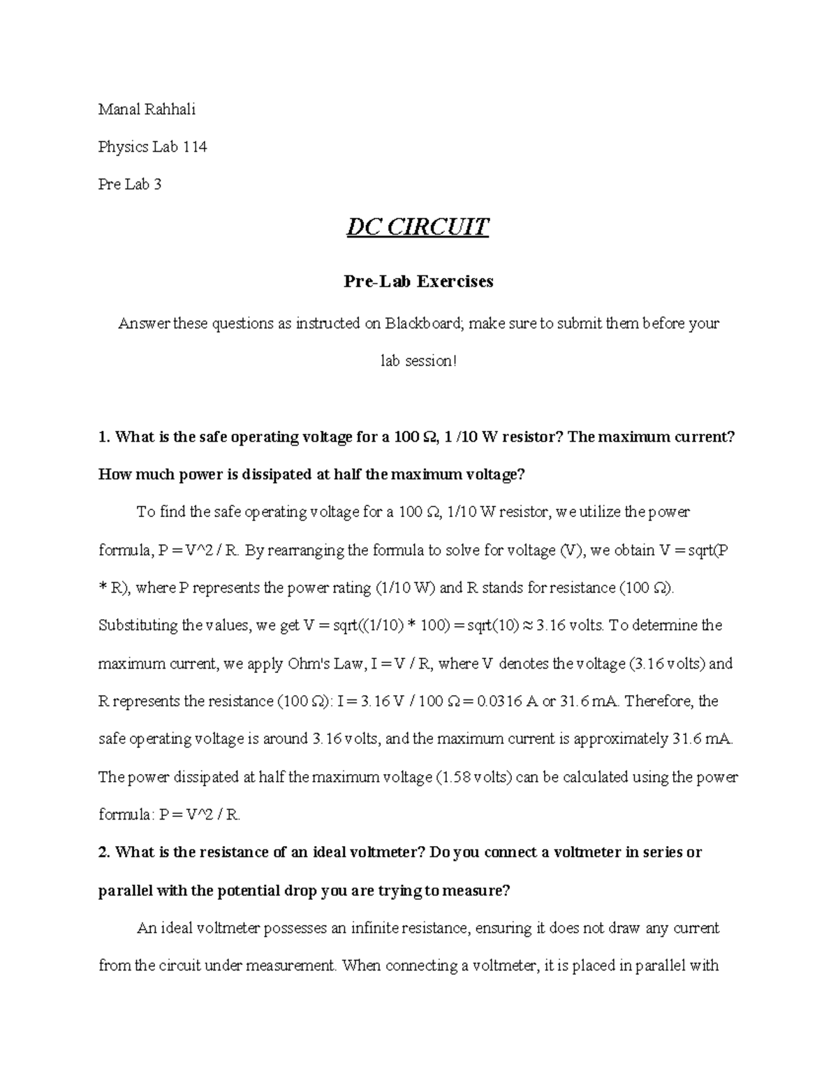 Pre lab 3 DC circuit - Manal Rahhali Physics Lab 114 Pre Lab 3 DC CIRCUIT Pre-Lab Exercises ...