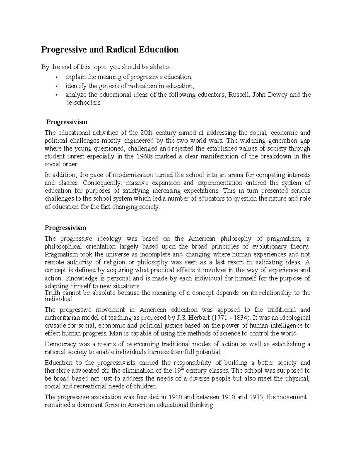 Wk 7 Progressive and Radical Education - Progressive and Radical ...