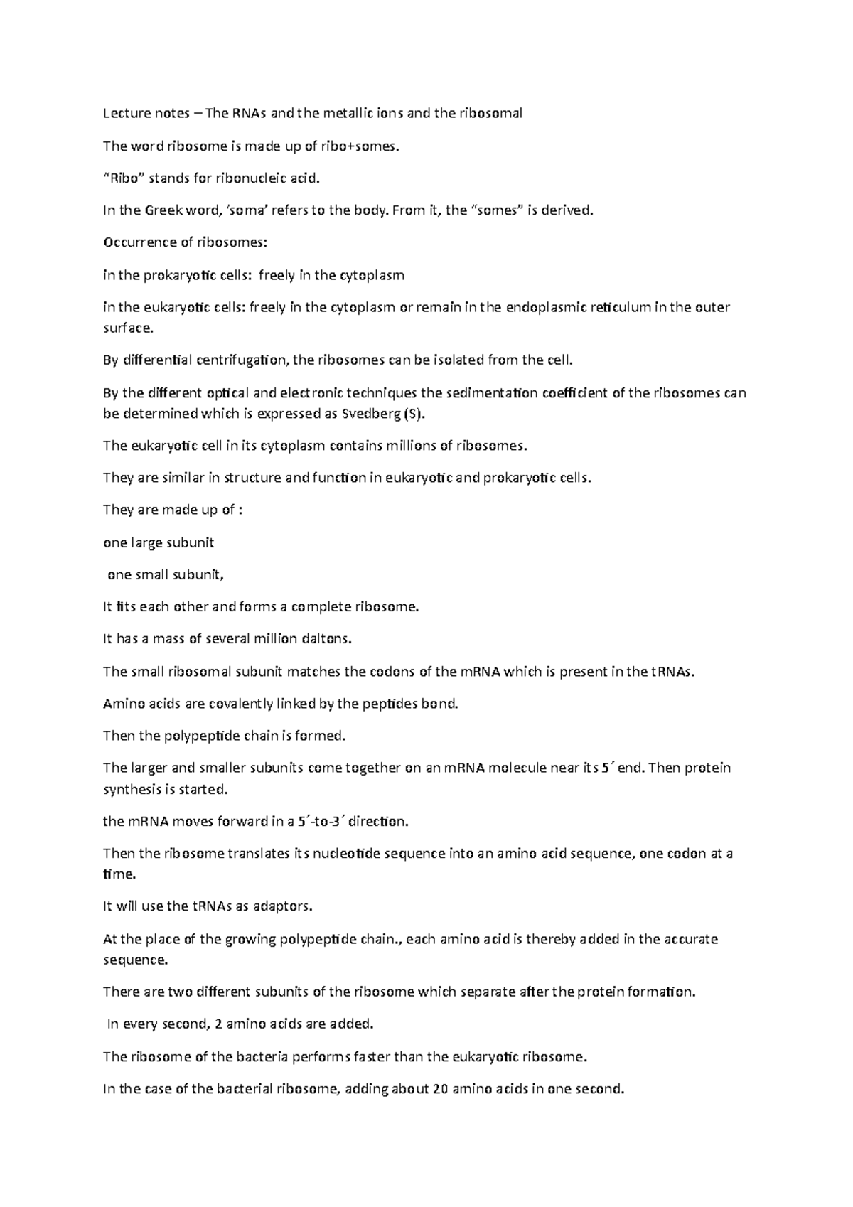 Lecture notes – The RNAs and the metallic ions and the ribosomal ...