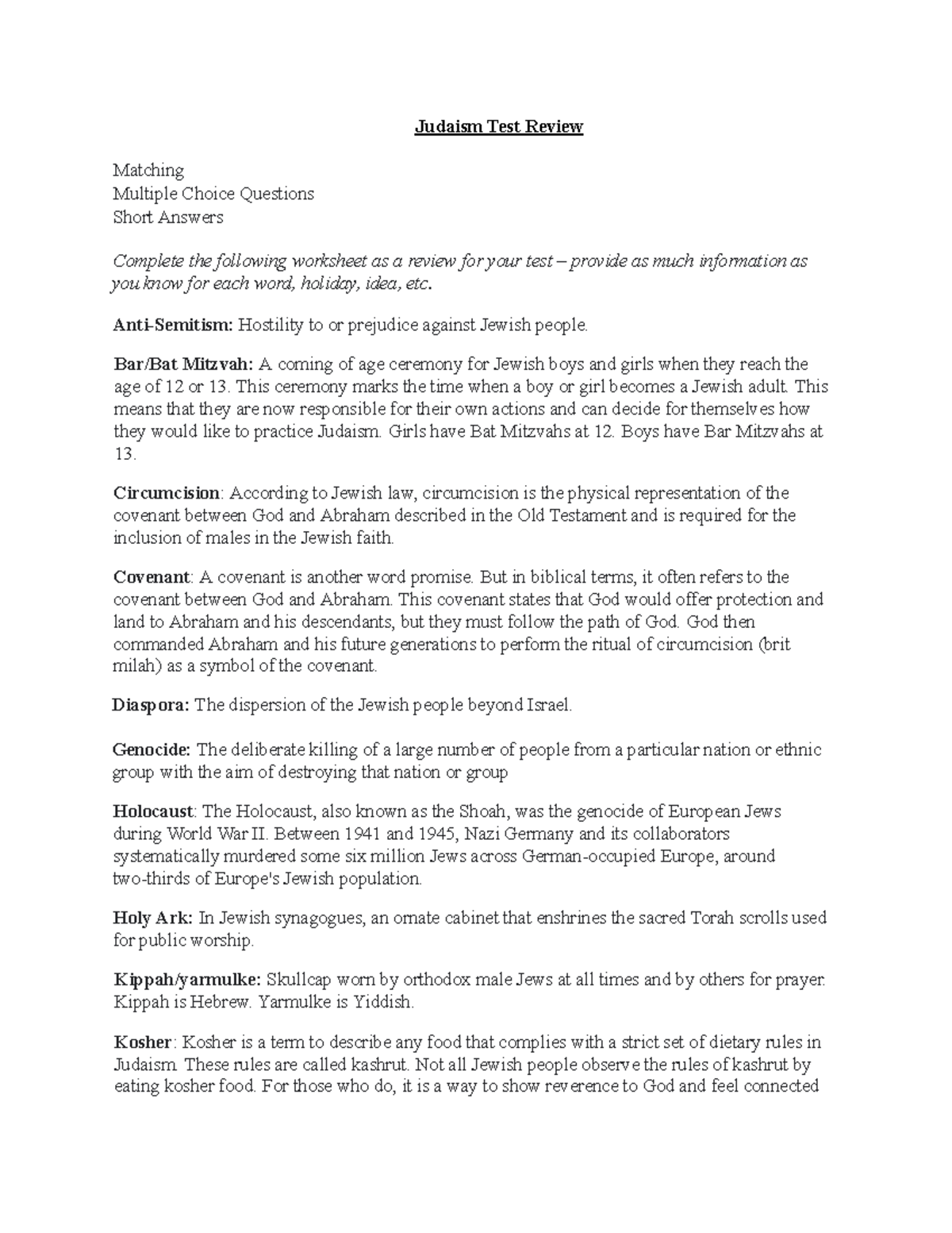 Judaism Test Review - Judaism Test Review Matching Multiple Choice ...