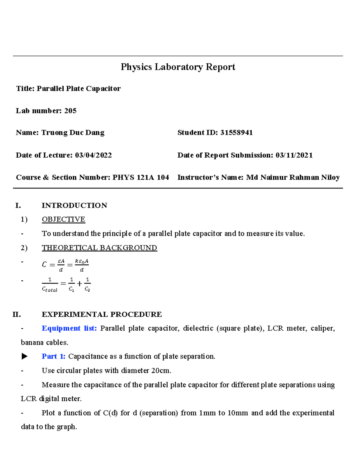 Laboratory Report 205 - Physics Lab II - Physics Laboratory Report ...