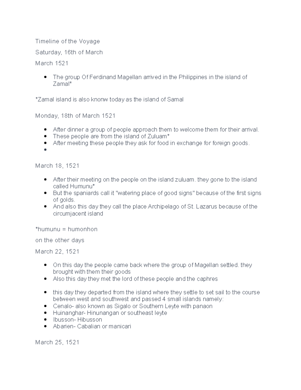 Timeline of the Voyage - Timeline of the Voyage Saturday, 16th of March ...