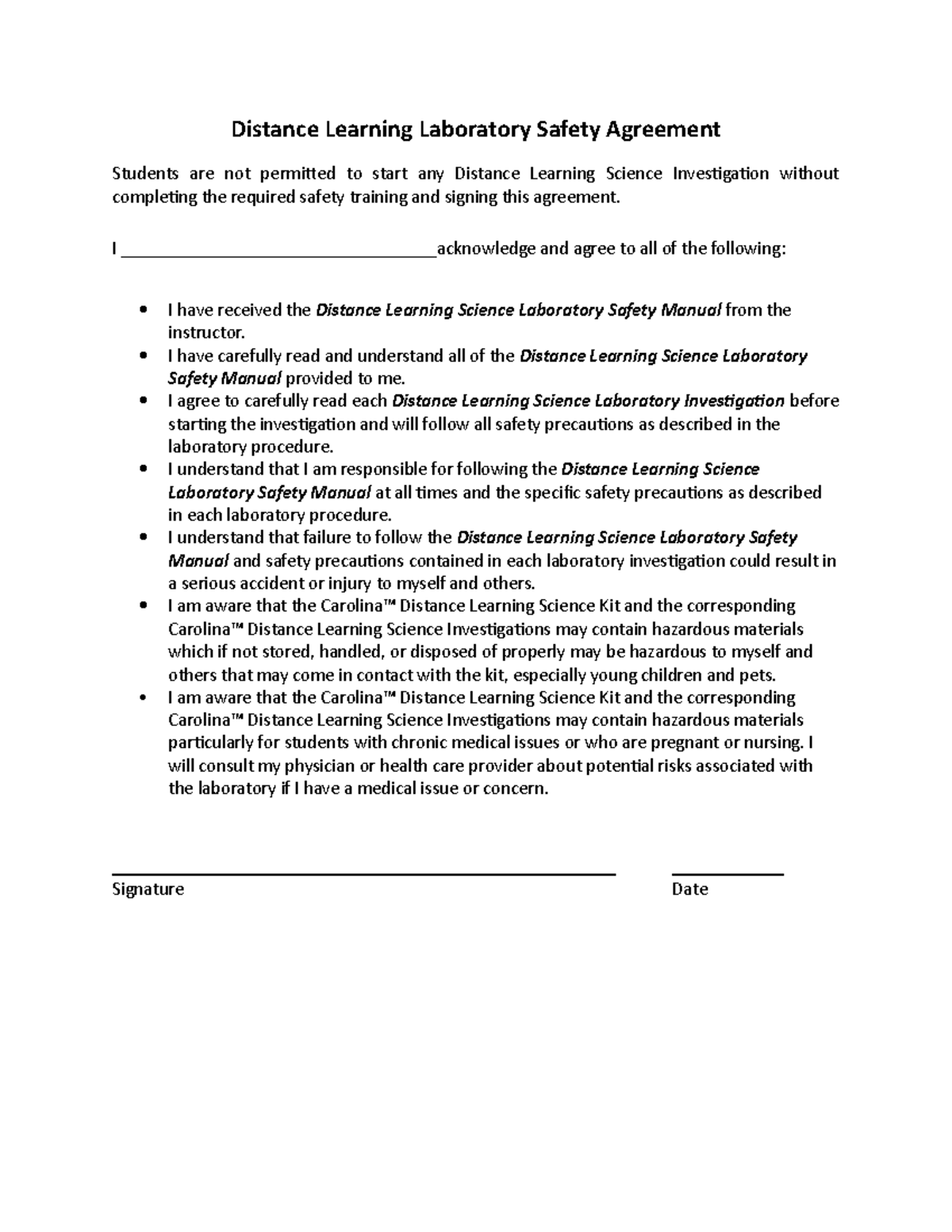 Distance Learning Laboratory Safety Agreement - I ...