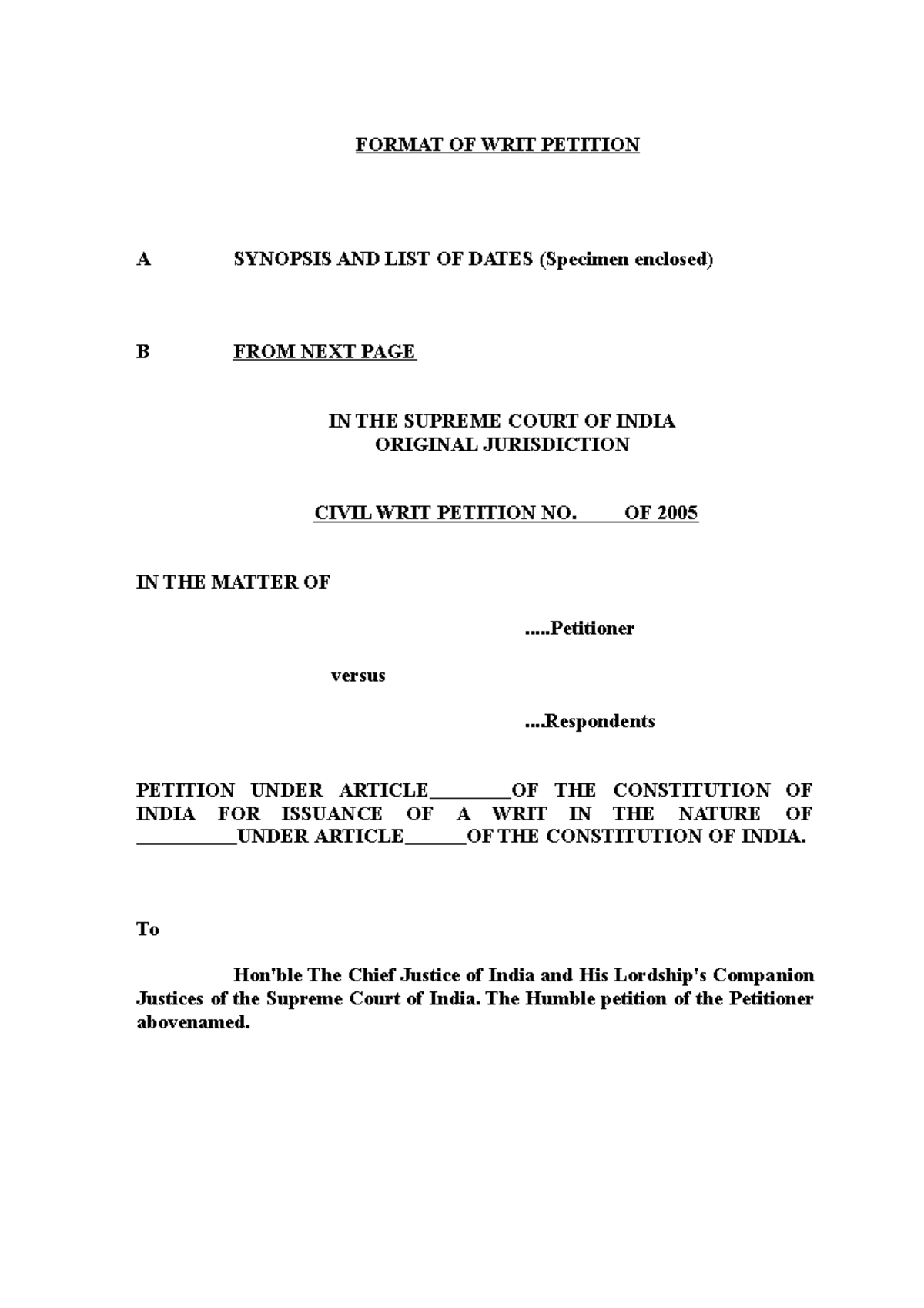 Writ-Petition - writ petition under article 132 of COI - FORMAT OF WRIT ...