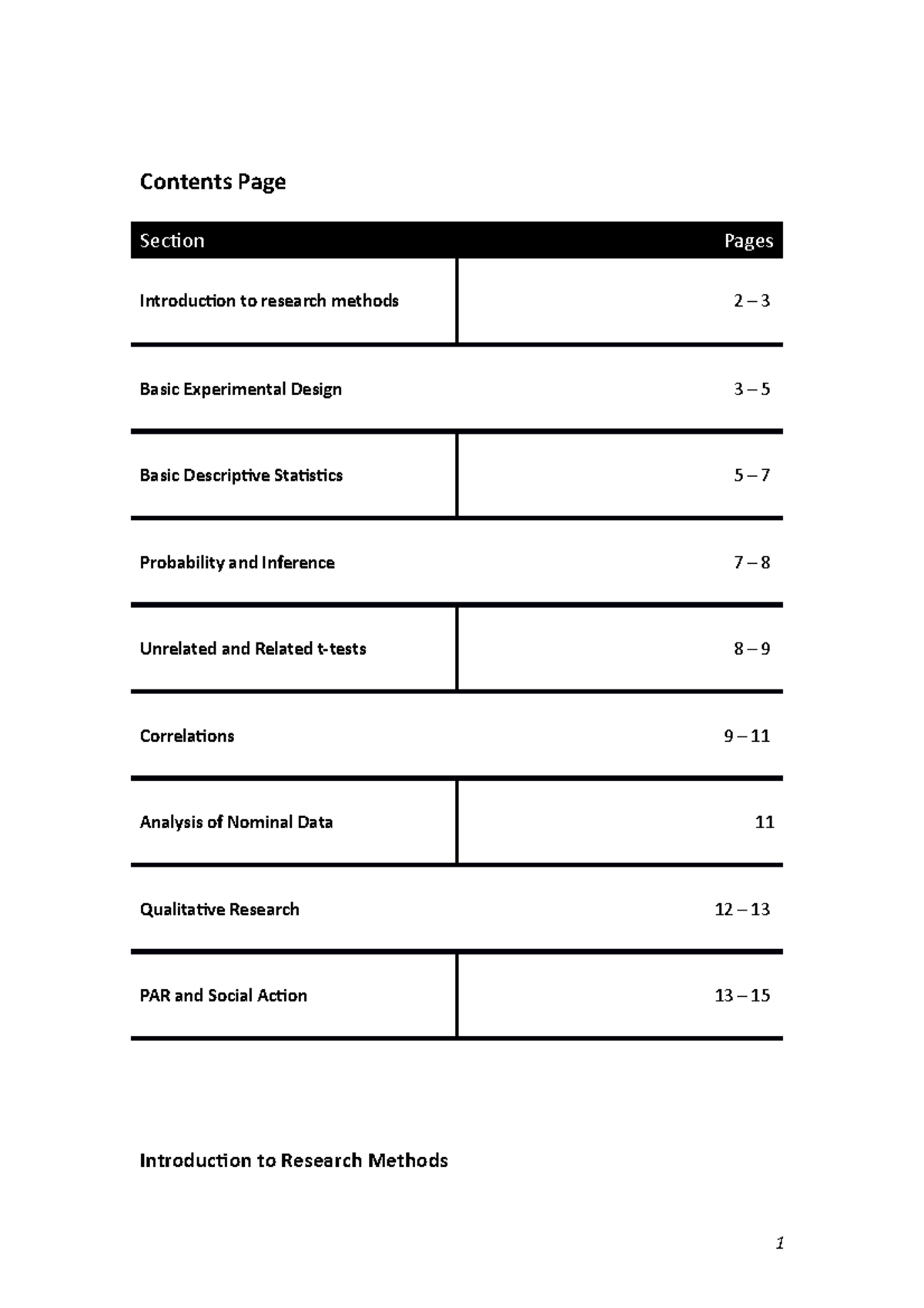 Research Methods 1 - Contents Page Section Pages Introduction to ...