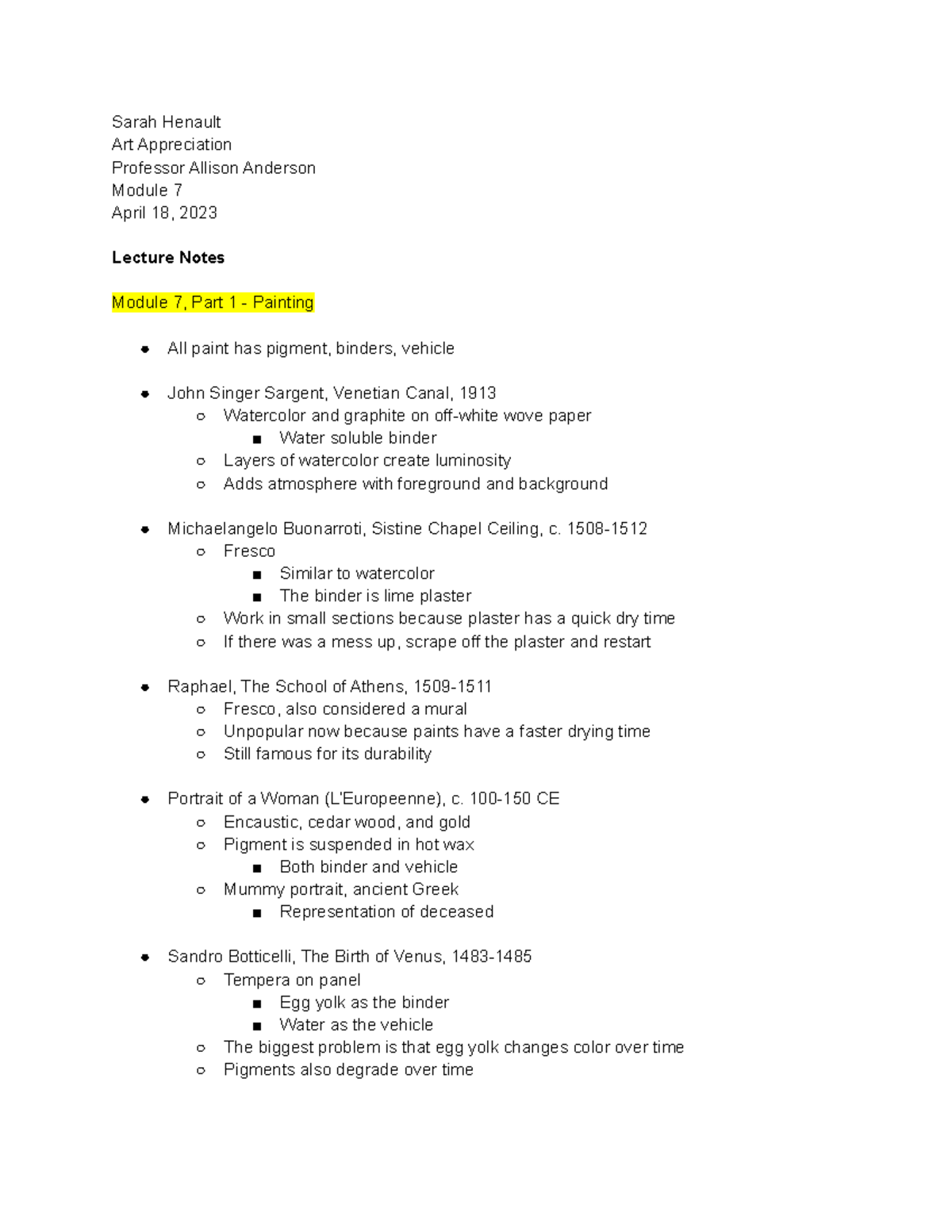 Sarah Henault - Art Appreciation Module 7 Lecture Notes - Sarah Henault ...
