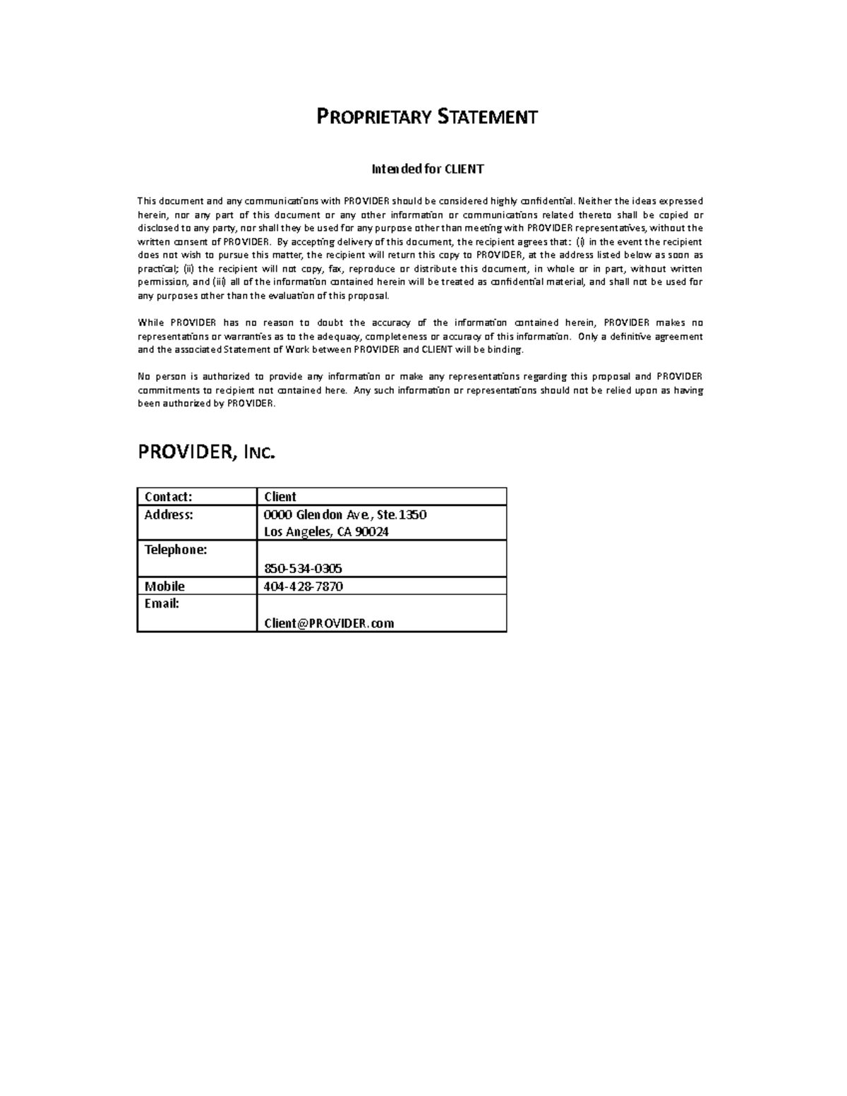 Sample Contract - PROPRIETARY STATEMENT Intended for CLIENT This ...