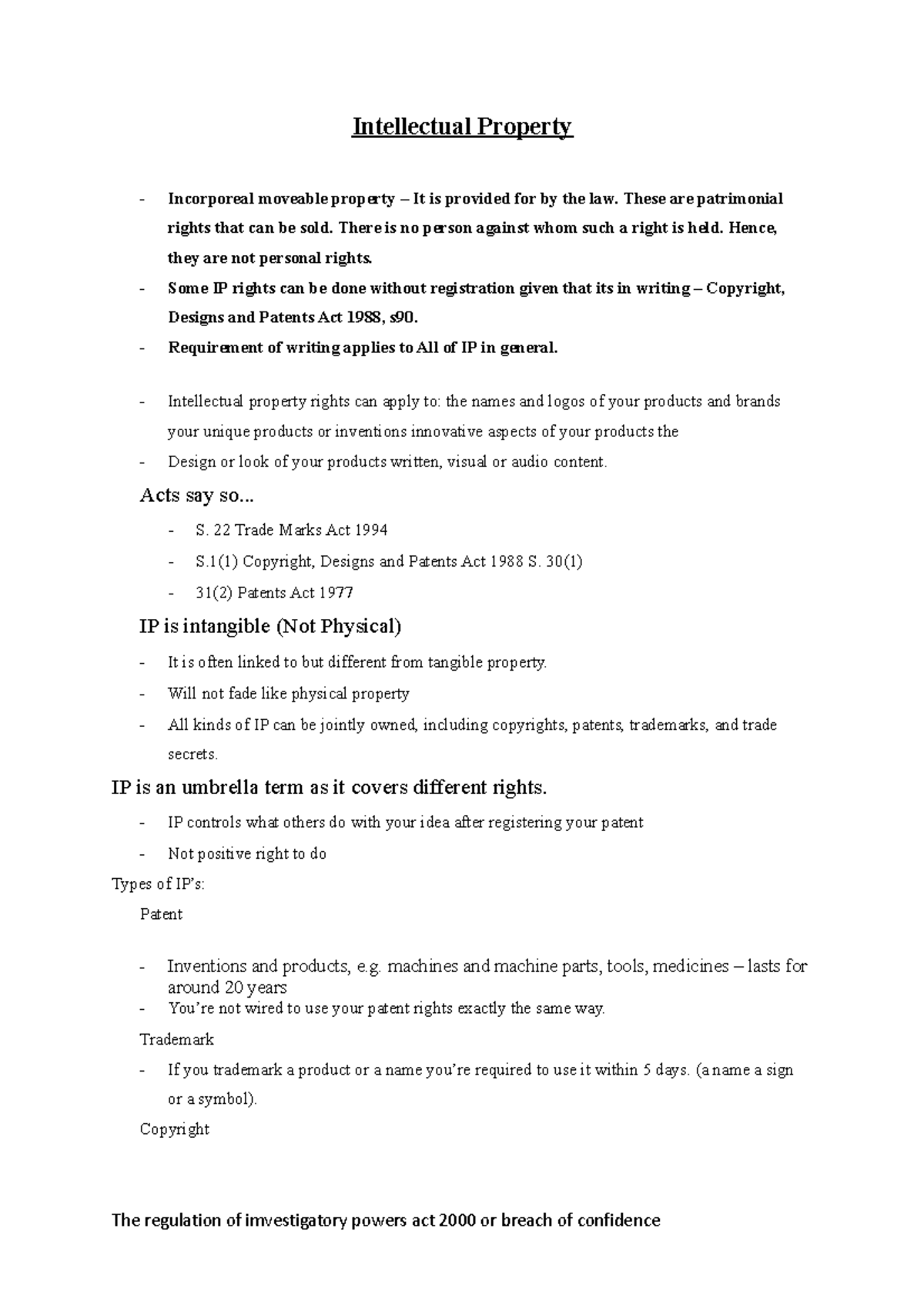 PL - Lec 3 and 4 - Intellectual Property - Incorporeal moveable ...