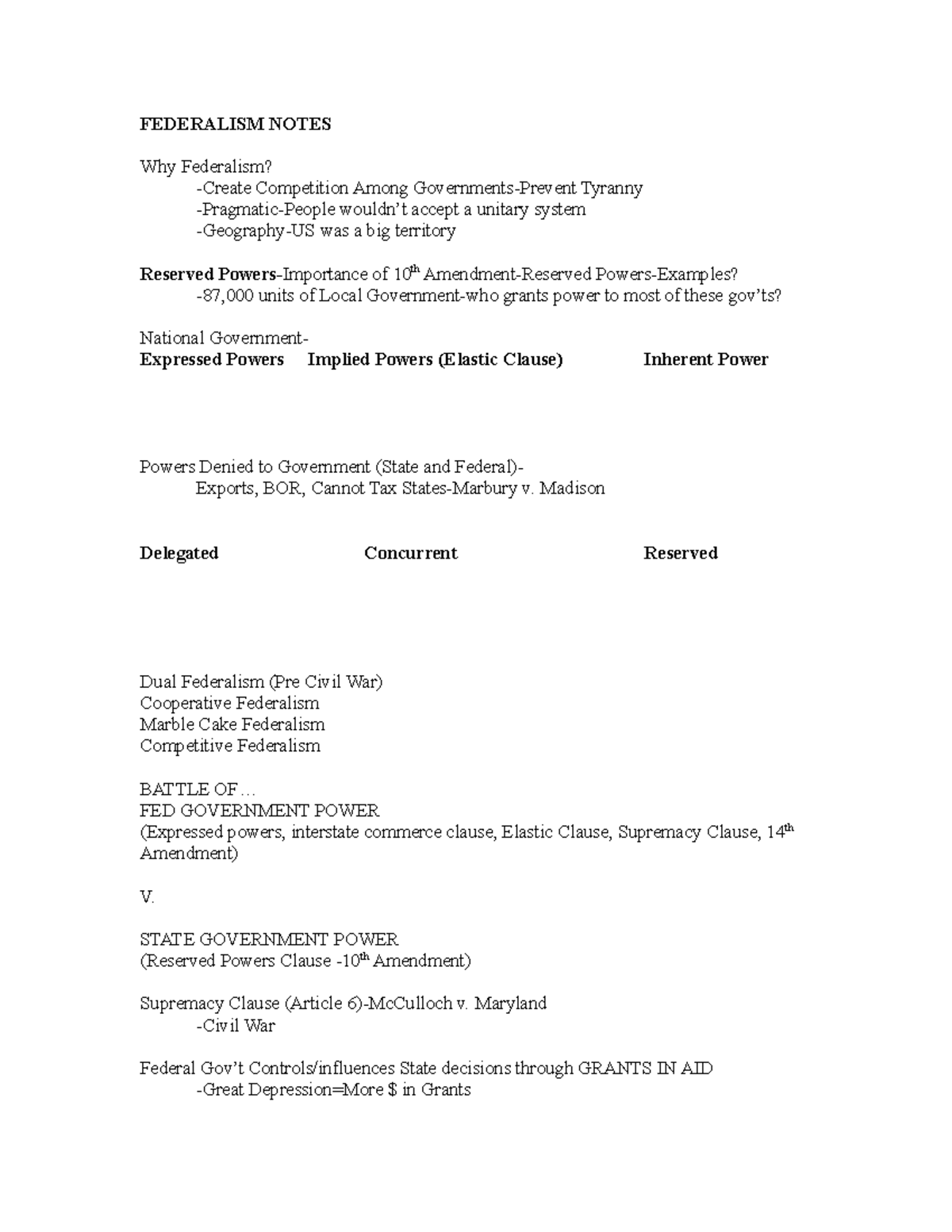 Federalism Notes-2020 - FEDERALISM NOTES Why Federalism? -Create ...