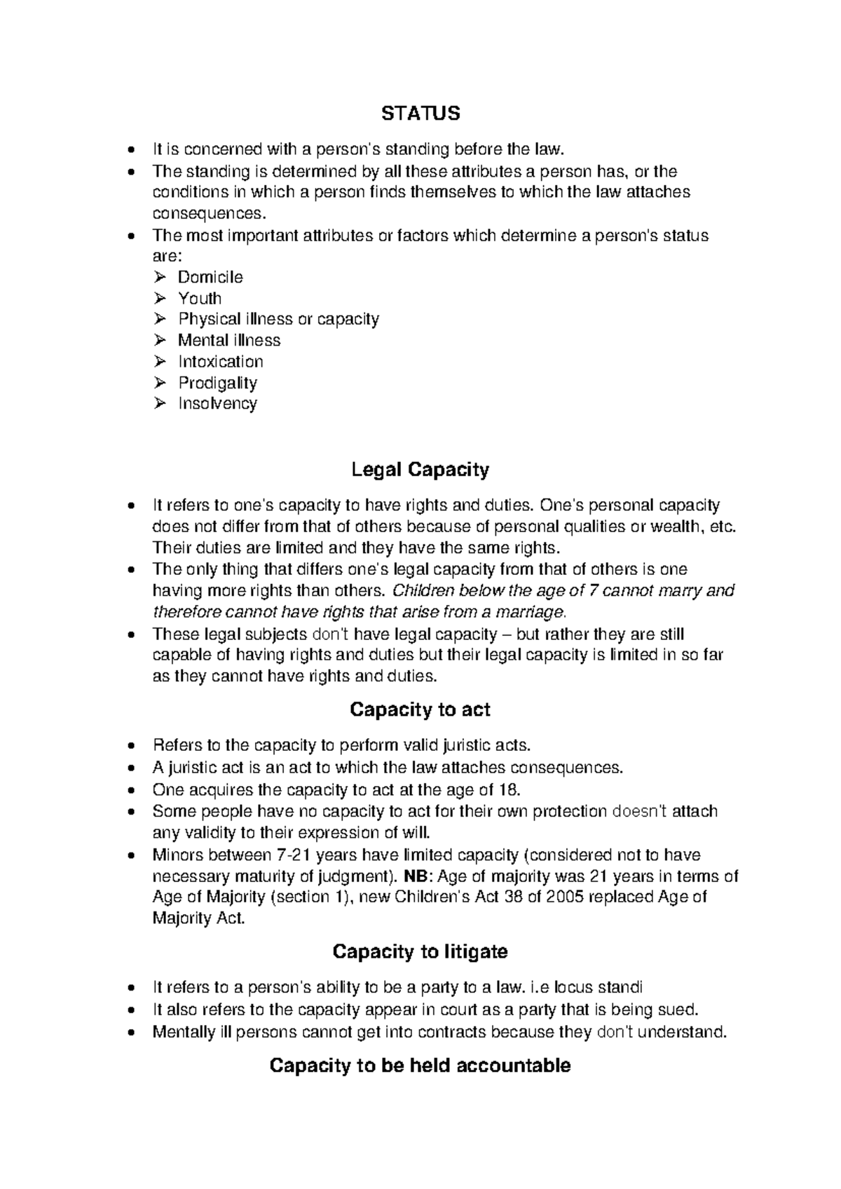 Status and Legal Capacity - STATUS It is concerned with a person’s ...