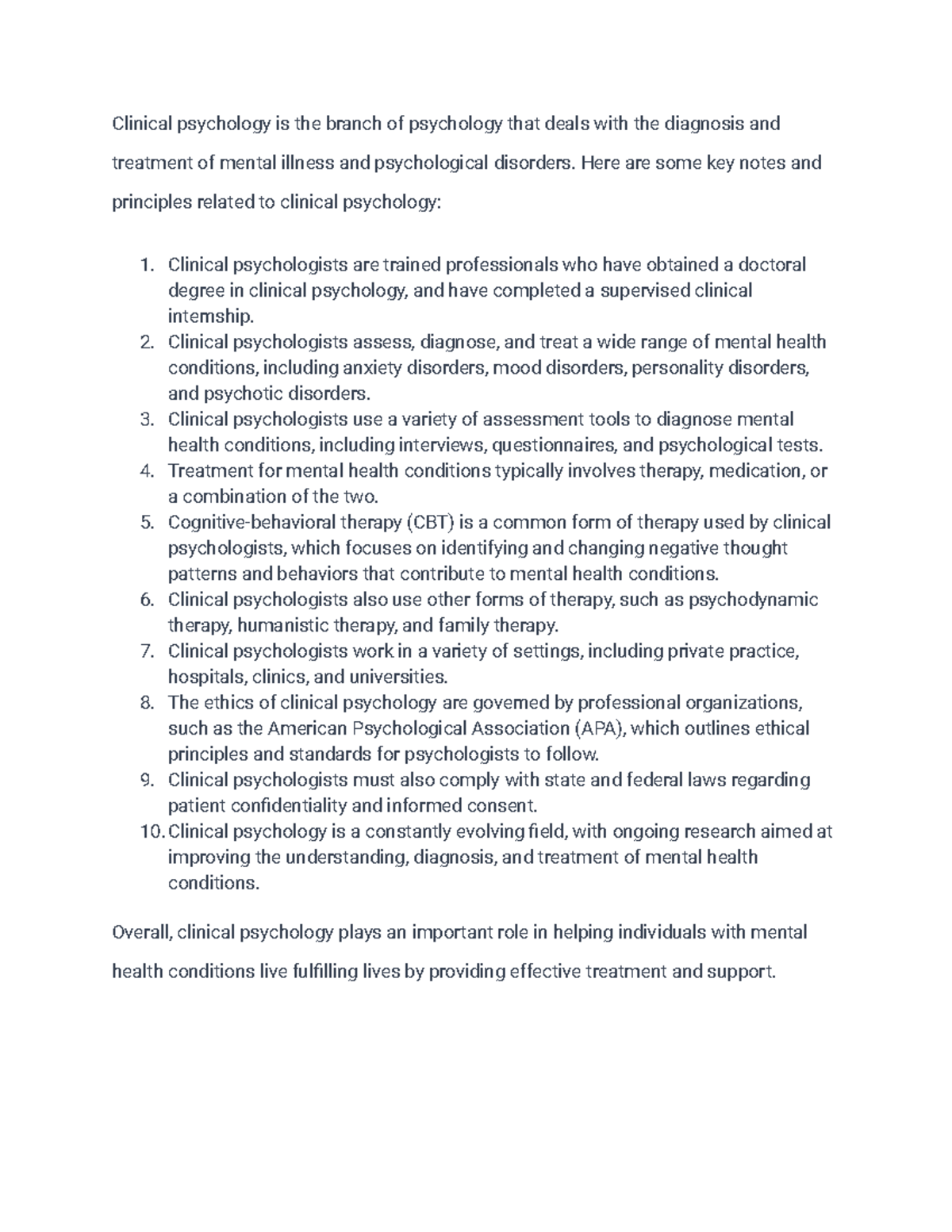 Clinical psychology - Here are some key notes and principles related to ...