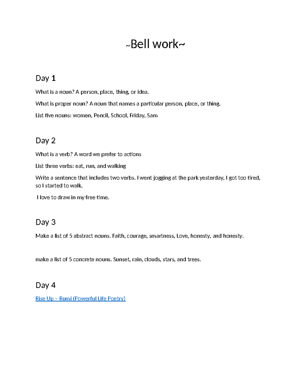 Document - Bellwork - Bell work Day 1 What is a noun? A person, place ...