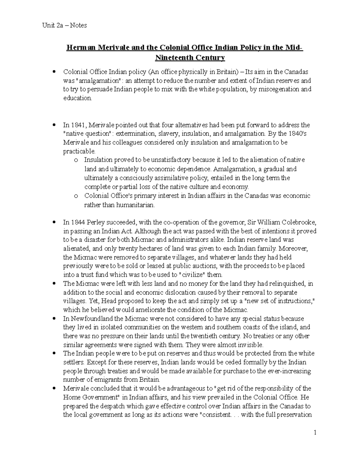 Unit 2A - Notes - Unit 2a – Notes Herman Merivale and the Colonial ...