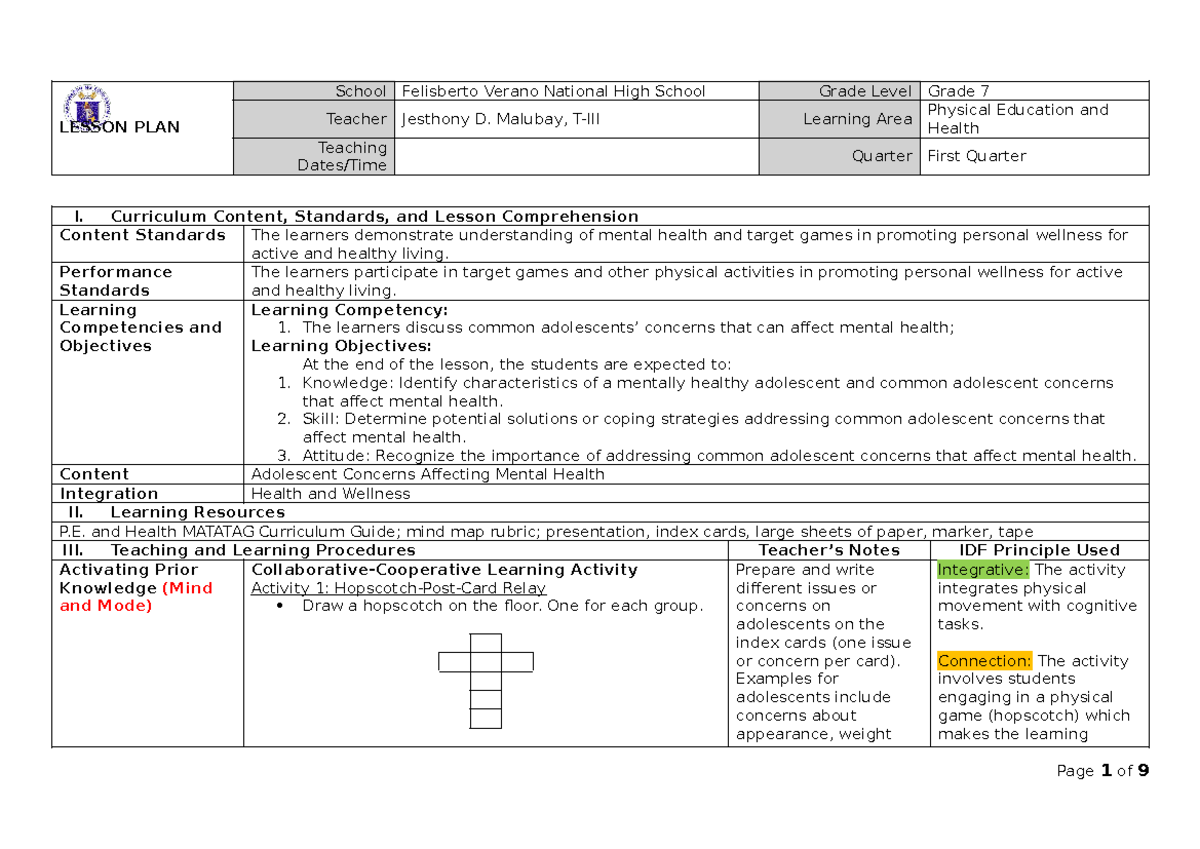 Lesson PLAN FOR DEMO Matatag Curriculum Mapeh 7 - LESSON PLAN School ...