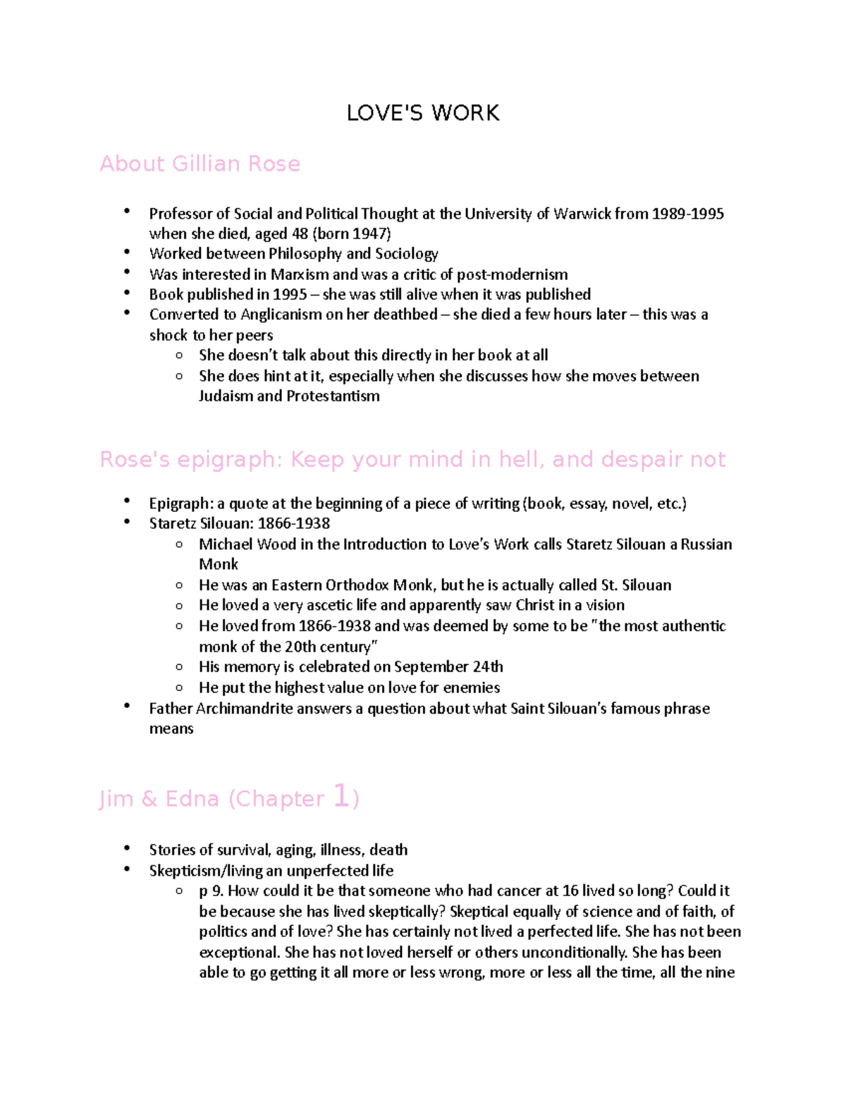 Lecture 8 RE103 - WLU - LOVE'S WORK About Gillian Rose Professor of ...