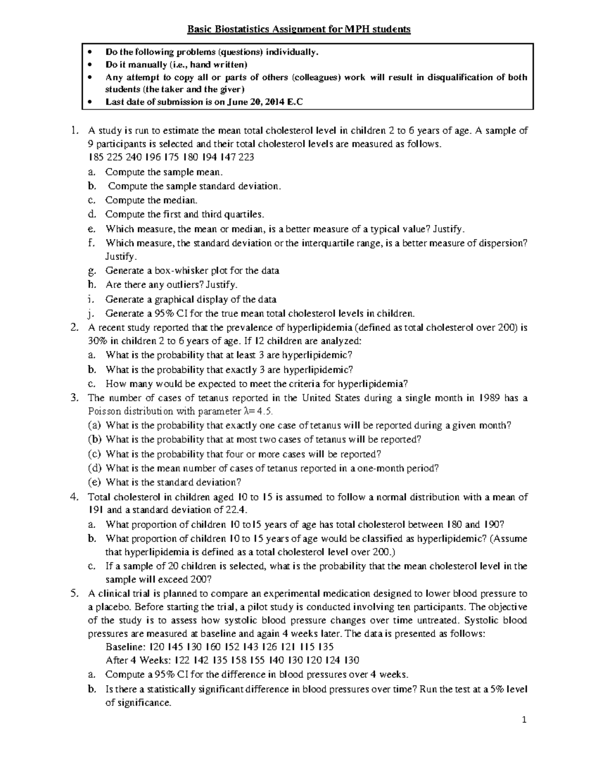 Basic Biostat Assignment for MPH Students - 1 Basic Biostatistics Assignment for MPH students ...
