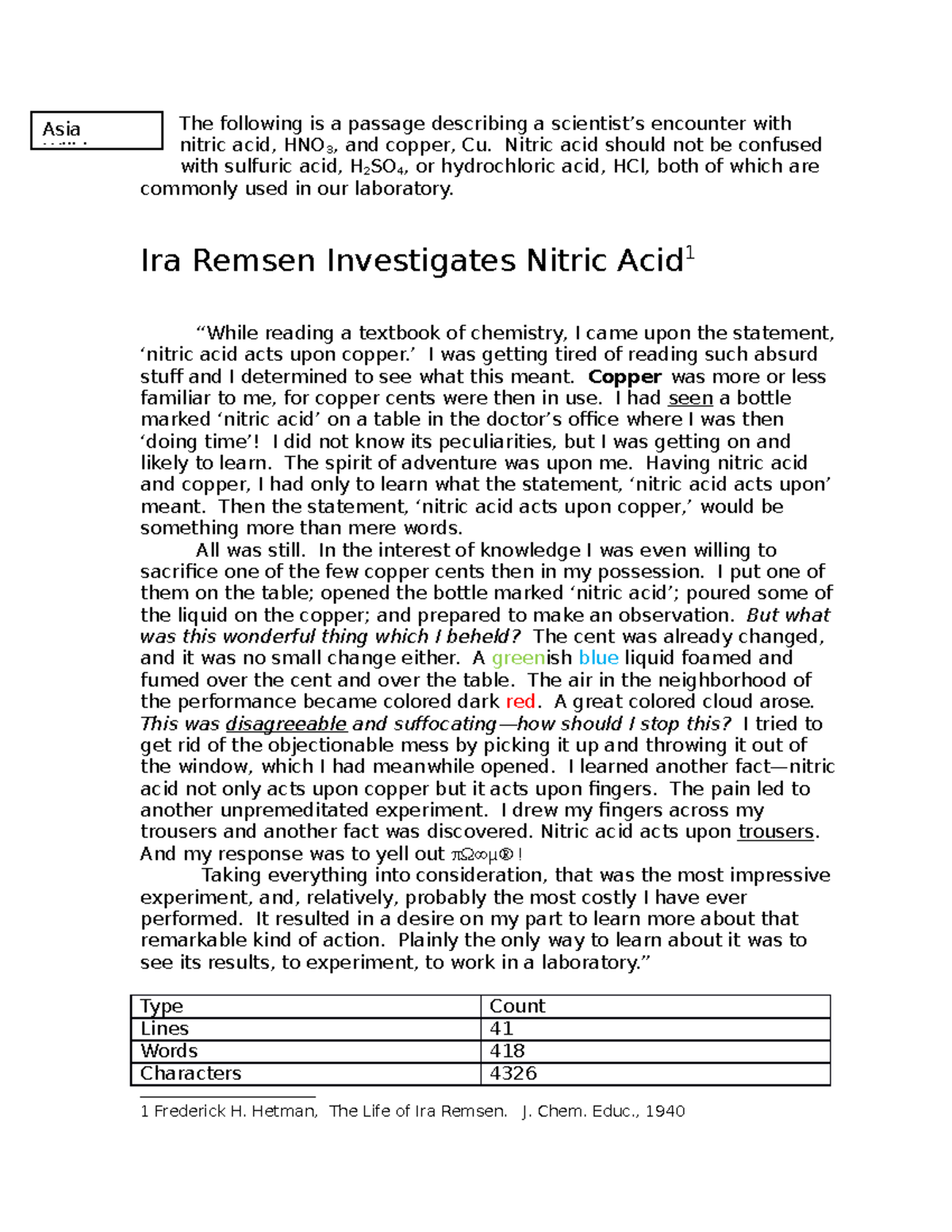 1 Ira-Remsen-Investigates-Nitric-Acid-report-sheet - The following is a ...