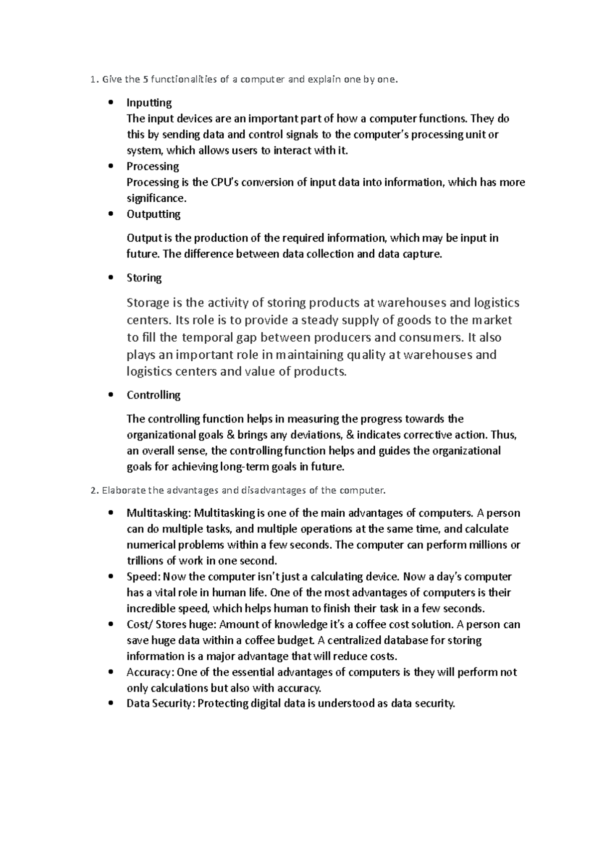Ac T1 - ..... - Give the 5 functionalities of a computer and explain ...