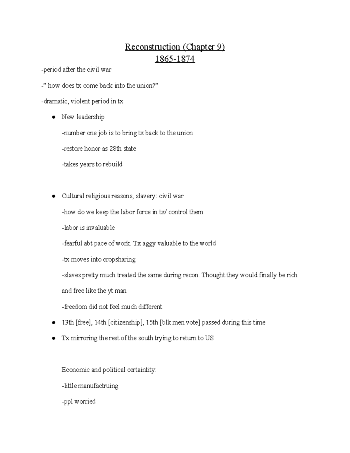 Reconstruction chapter 9 - Reconstruction (Chapter 9) 1865-period after ...