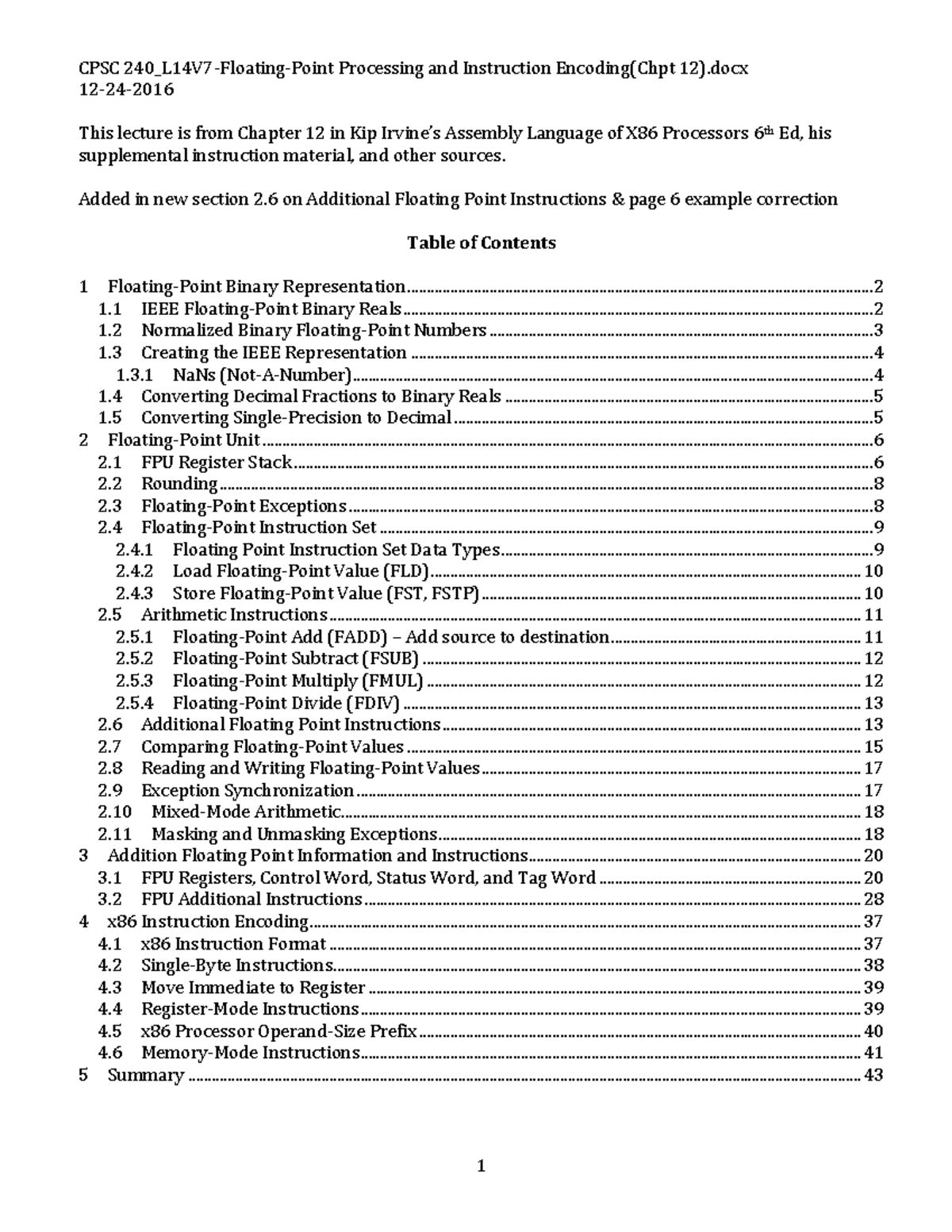 CPSC 240 L14V7-Floating-Point Processing and Instruction Encoding(Chpt ...