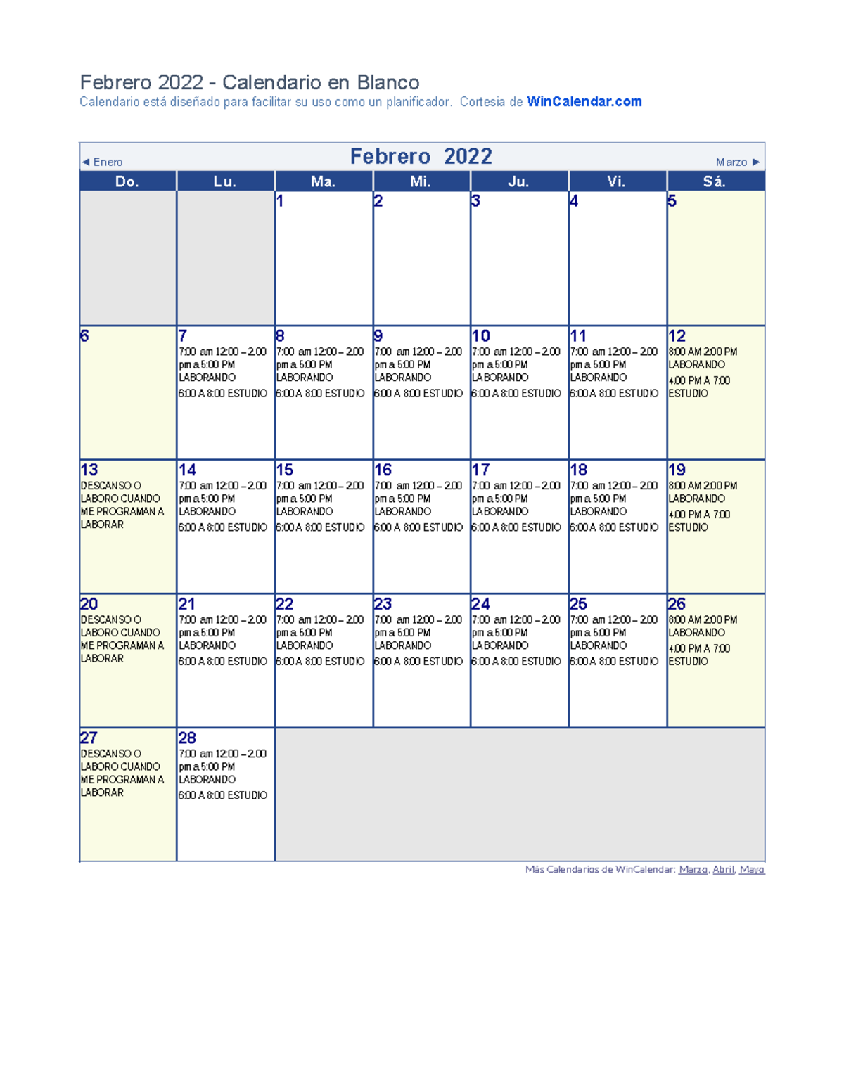 Calendario-Febrero-2022 - Febrero 2022 - Calendario en Blanco ...