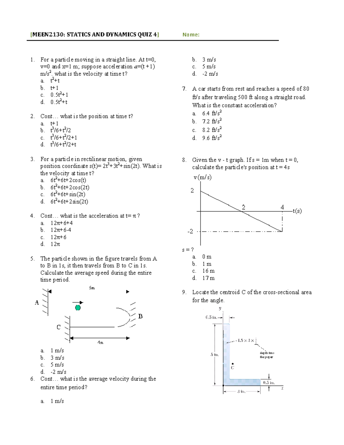Quiz 9 18 September 2011, questions and answers - [MEEN2130: STATICS ...